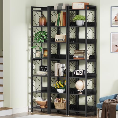 LITTLE TREE 7-Tier Narrow Bookshelf, 78.7-Inch Extra Tall Skinny Bookcase for Small Spaces, Freestanding Display Shelves, Multifunctional Corner Storage Organizer Unit for Home Office, Black