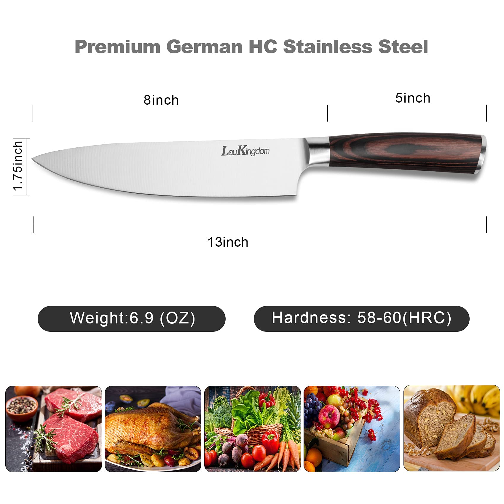 LauKingdom 8 Inch Super Sharp Professional Kitchen Knife, Sharp Paring Knife with Ergonomic Handle, High Carbon Stainless Steel Chef's Knife with Knife Sharpener and Gift Box