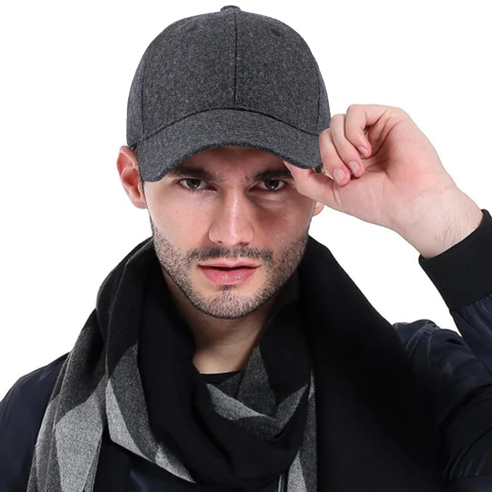 FGSS Mens Winter-Woolen Baseball-Cap with Earflaps - Adjustable Warm Dad Cap for Cold Weather (56-60CM) Black