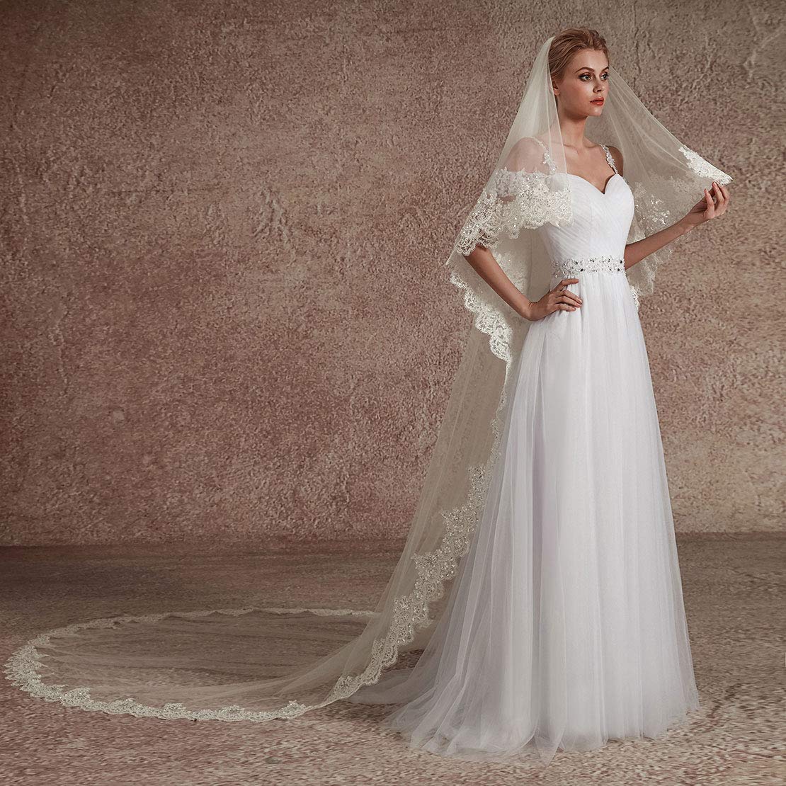 EllieHouse Cathedral Length 2 Tier Lace Bridal Wedding Veil For Bride Ivory 3 M