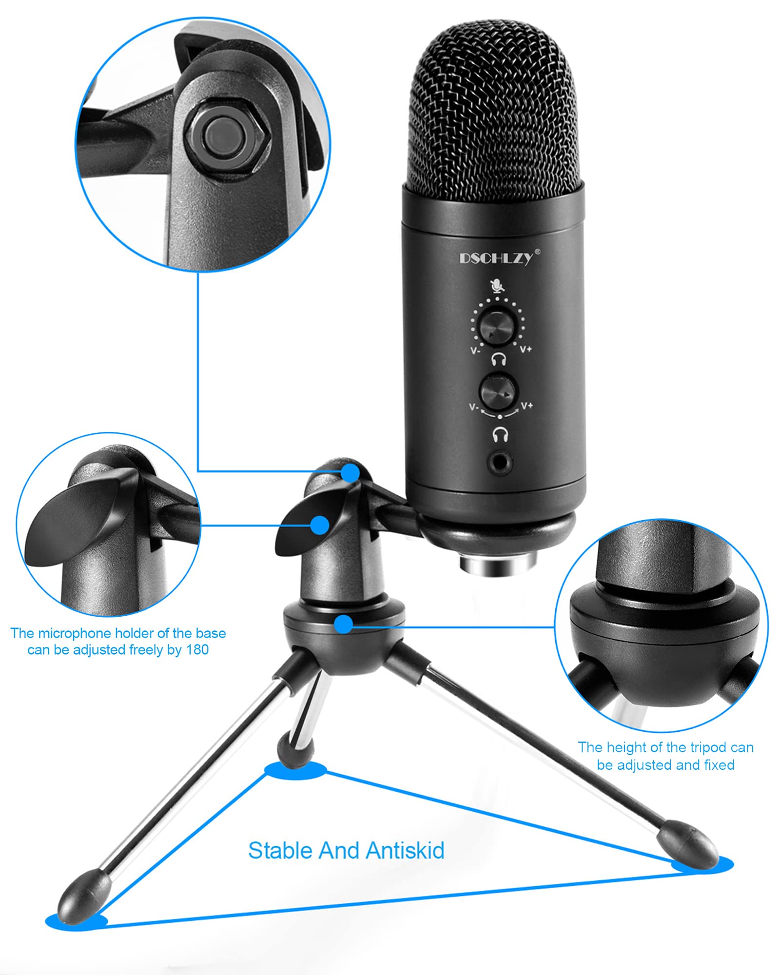 DSCHLZY USB Streaming Podcast PC Microphone - Professional Studio Vocal Recording Computer Cardioid Condenser Mic with Tripod Stand for Singing Skype Voice YouTube Discord Twitch Podcasts Videos