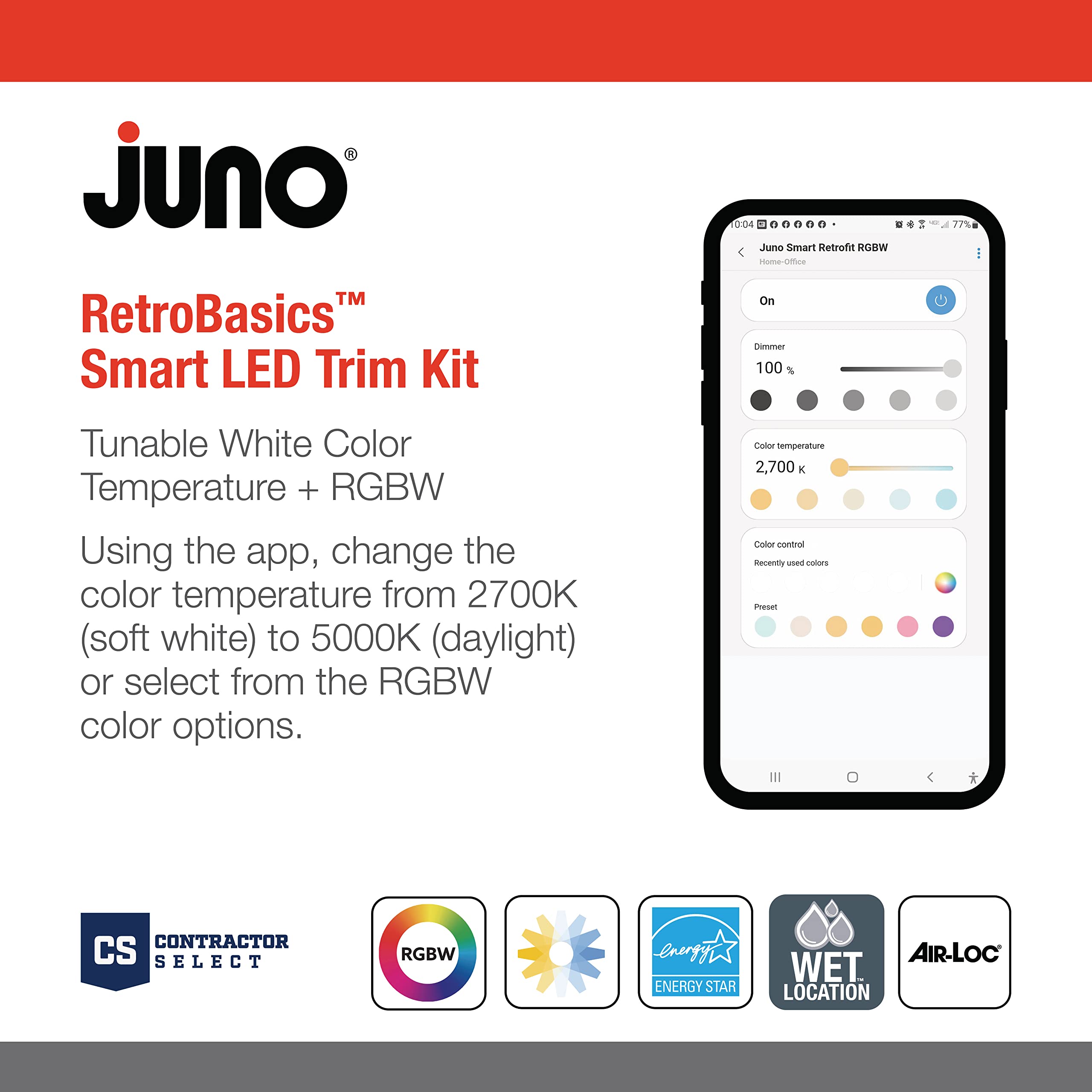 Juno RB56SC RGBW MW CP4 M2 RetroBasics Retrofit Smart LED Downlight, Switchable 2700K - 5000K, RGBW Color Changing, Matte White, 5 to 6 Inch, 4 Pack