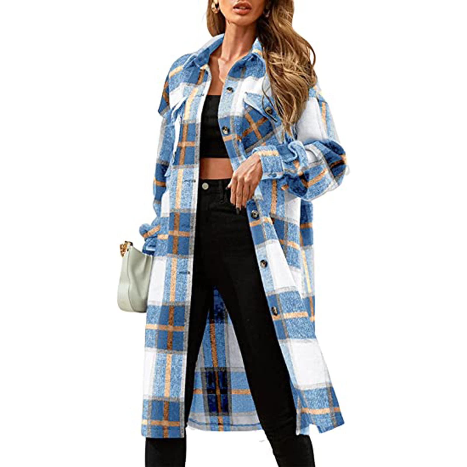 Echoollly Women's Plaid Long Shacket Casual Woolen Blend Lapel Button Down Shirts Jacket Winter Loose Oversize Coat Outerwear, Light Blue, X-Large