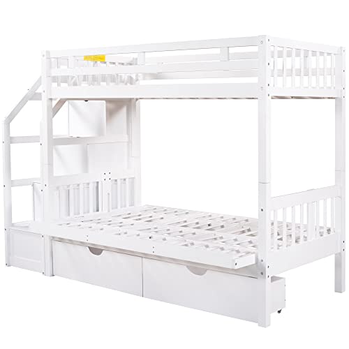 Twin Over Full Futon Bunk Beds with Stairs and Storage Drawers Convertible Wood Bunk Bed Frame Couch and Bed for Kids Boys Girl Adults Teens Dorm, White
