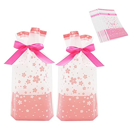KUPOO 50Pcs Candy Cookies Plastic Drawstring Gift Bags 6X9 Inch Pink Cherry Blossom Treat Bags for Birthday Party Wedding Festival Gift Wrapper (Pink Cherry Blossom)