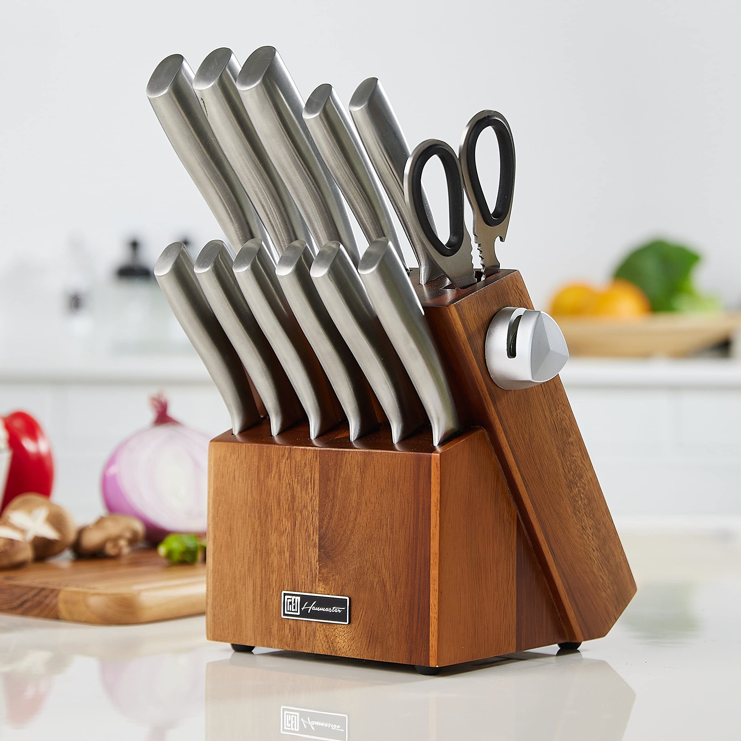 Kitchen Knife Set, Hanmaster 13 Pieces Stainless Steel Knife Sets for Kitchen with Block, Acacia Wood Knife Block Set with Sharpener, Gift Box Packed, Silver.