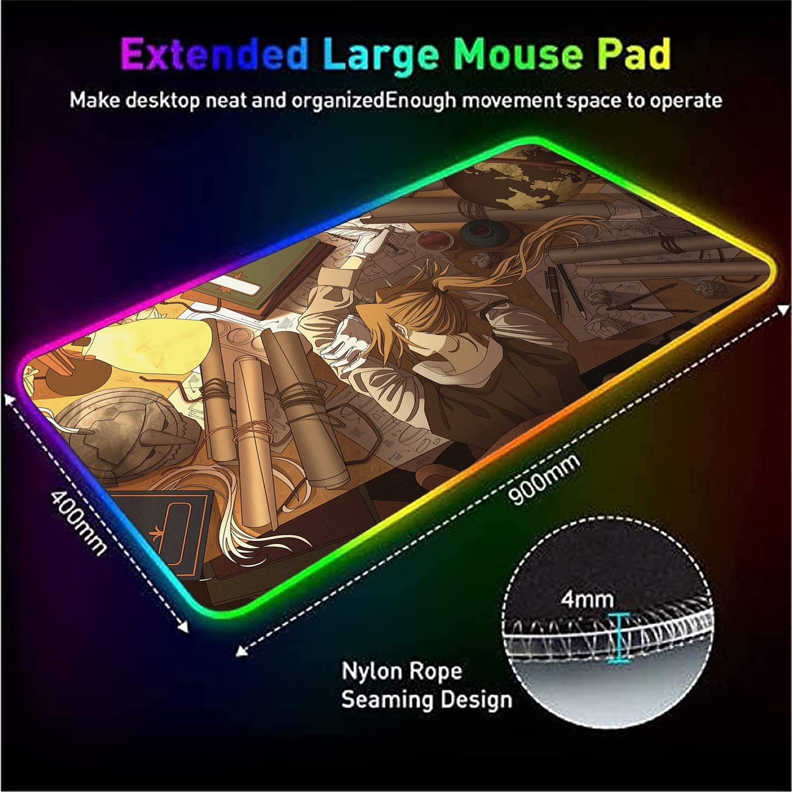 Gaming Mouse Pads Fullmetal Alchemist Mouse Pad RGB Mouse Pad Large Keyboard Desk Mat Led Gaming Accessories Computer Mat with 14 Lighting Modes 30X80Cm/L
