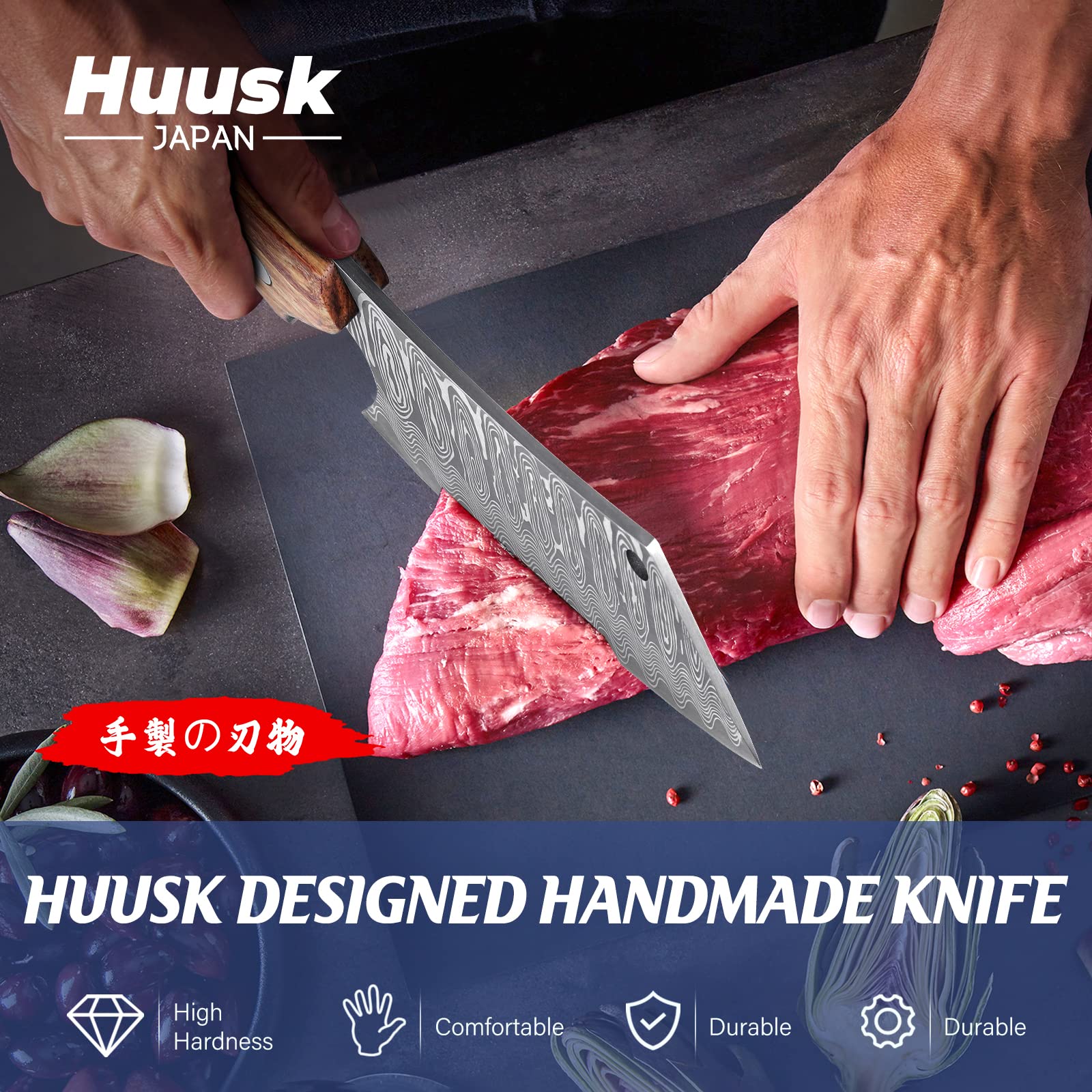 Huusk Cool Cooking Knives Bundle Viking Knives Hand Forged Boning Knife Full Tang Japanese Chef Knife with Sheath
