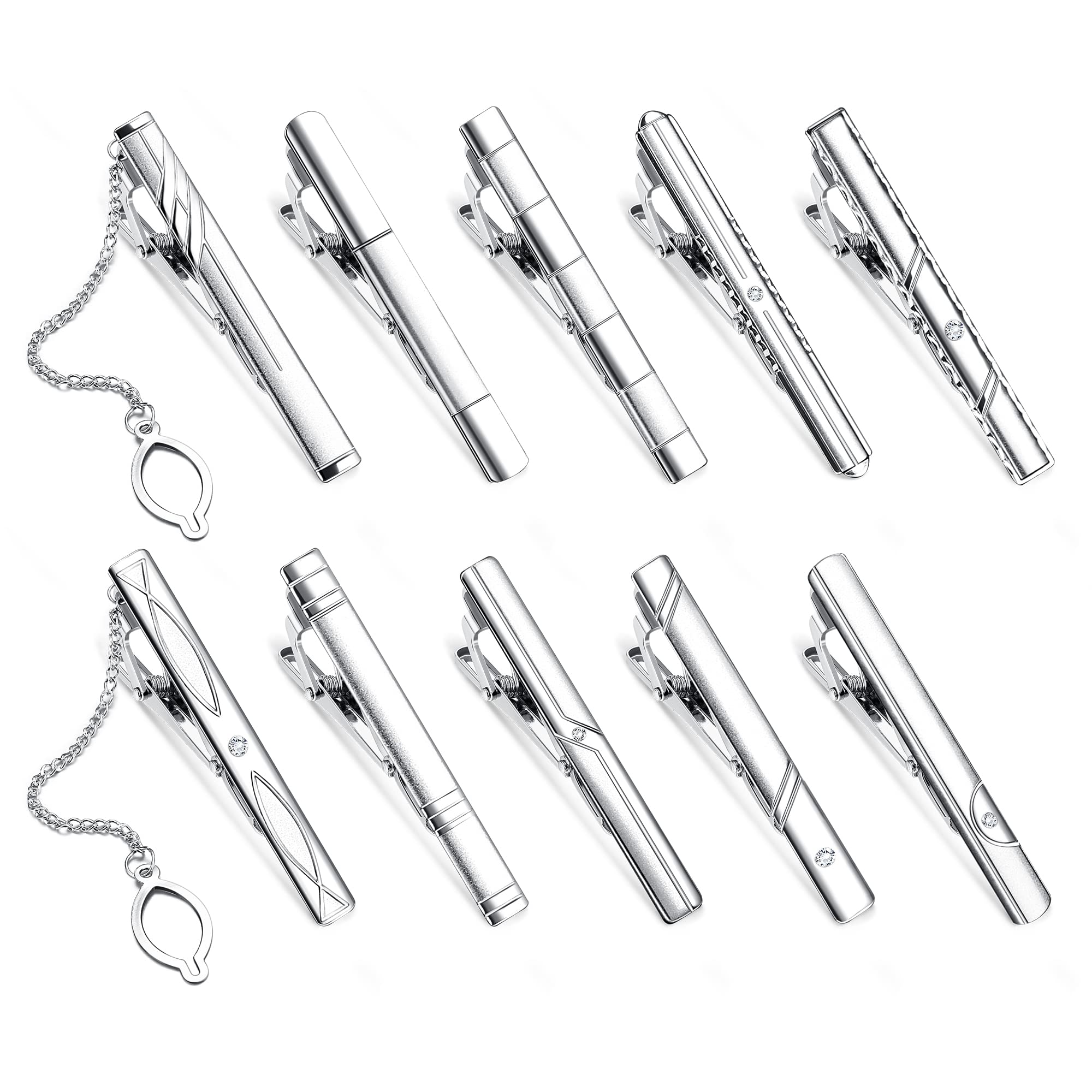FIASASO 10 Pcs Tie Clips for Men Silver Tie Bar Clip Set for Regular Ties Necktie Wedding Business Clips with Gift Box