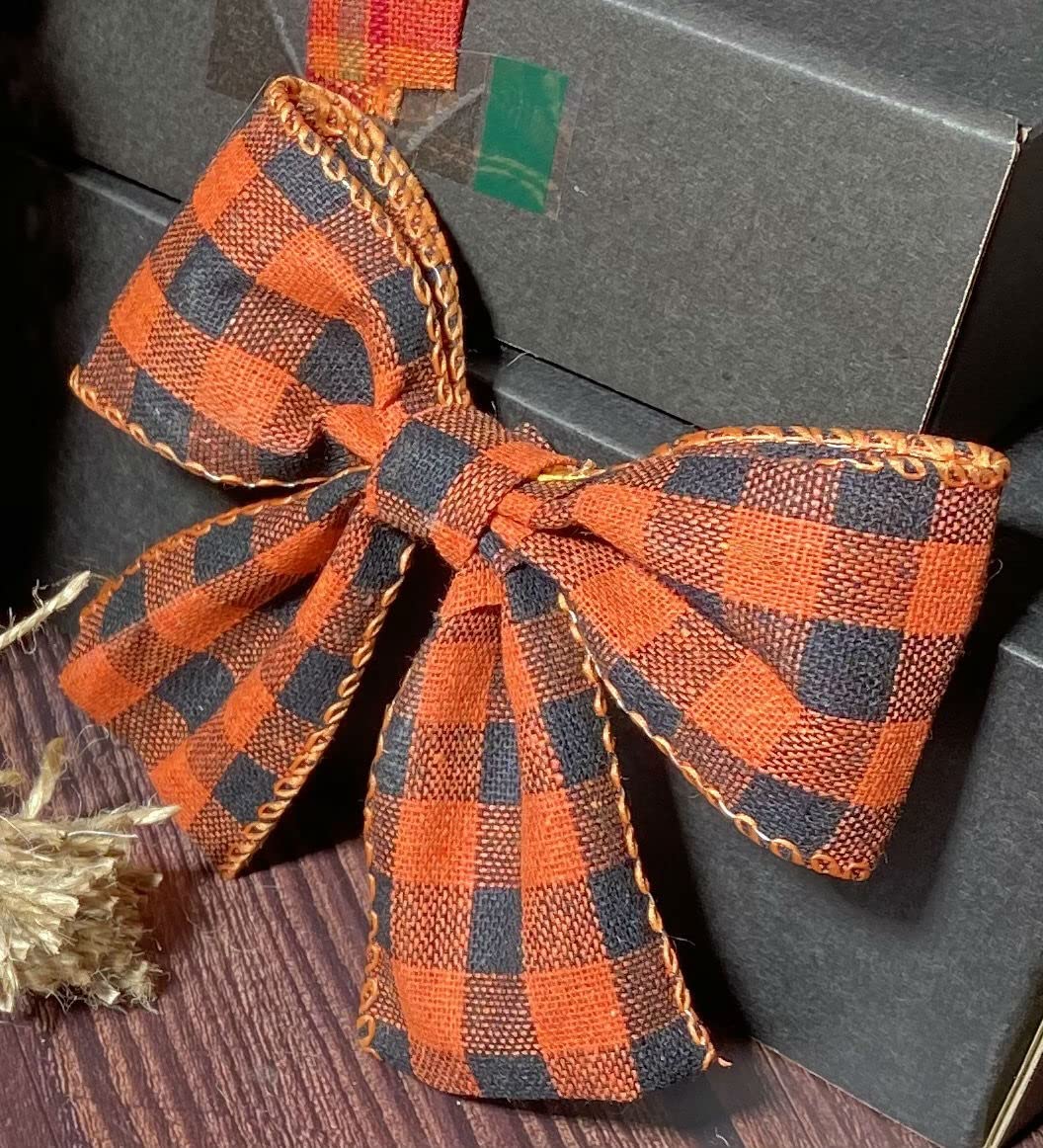 Pumpkin Orange and Black Gingham Buffalo Plaid Ribbon,Thanksgiving Fall Wired Edge Ribbon Halloween Christmas Wrapping Ribbon Wired Craft for Holiday Wrapping, Bow Crafts Decoration