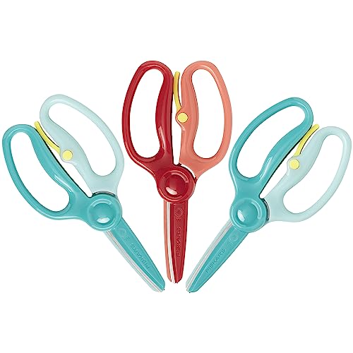 Fiskars Training Scissors for Preschoolers Ages 3+ (3-Pack), Small Kids Safety Scissors with Training Lever, Easy to Use, Preschooler Art Supplies, Back To School, Turquoise and Red