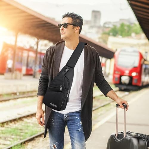 EEASSA Crossbody Chest Bag, Shoulder Strap Backpack, Waterproof Shoulder Strap Backpack, Crossbody Backpack, Sling Backpack Men, Cycling Cross Body Bag with USB Port, Headphone Jack, Adjustable Strap