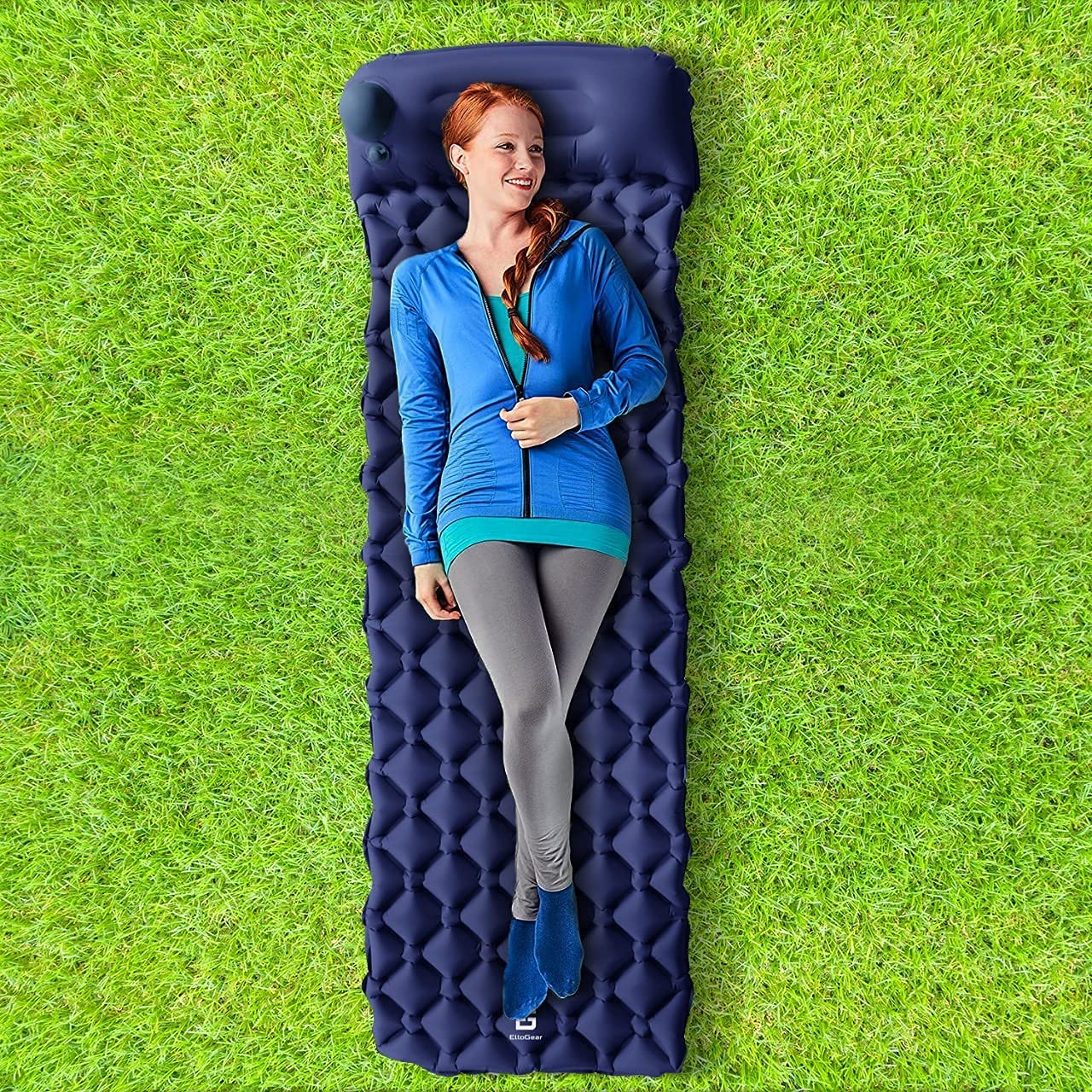 ElloGear Camping Self-Inflating Air Sleeping Pad Mat Foot Pump with Pillow, Great Compact Air Sleeping Pad for Tent Travel, Backpacking, Hiking, Sleeping Over (Navy)