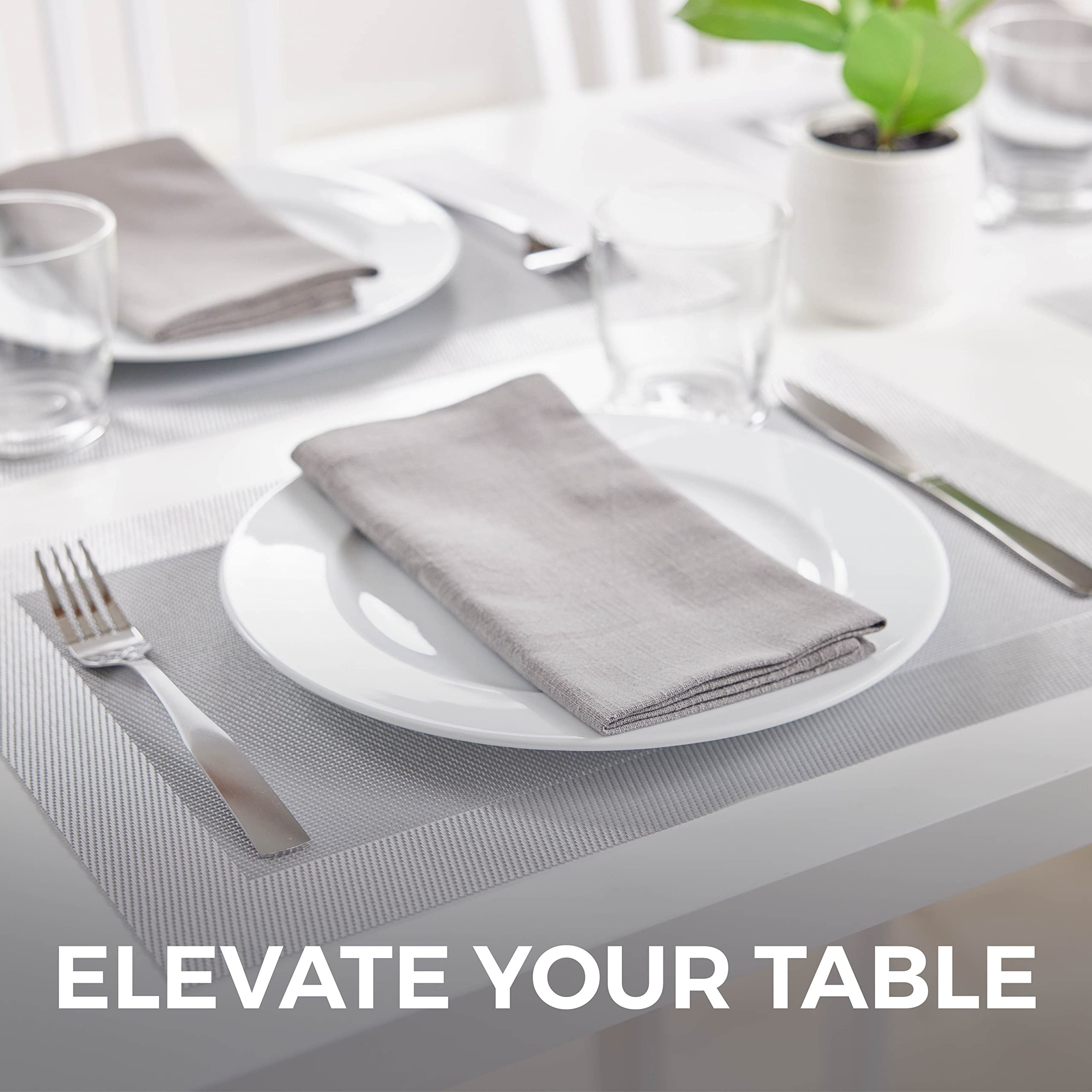 Home Genie Heat Resistant Placemats, Dining Room Table Mats, Protect Surfaces, Woven Placemat Setting for Dinner, Washable Vinyl Food Grade Mat, Kitchen Decor Accessories, Set of 4, Size 18x12, Silver