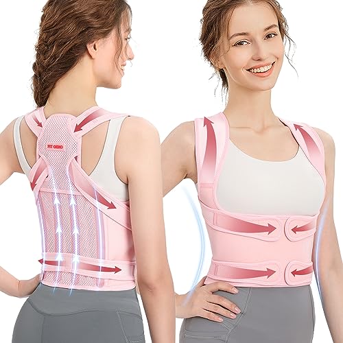Fit Geno Back Brace Posture Corrector for Women: Shoulder Straightener Adjustable Full Back Support Upper and Lower Back Pain Relief - Scoliosis Hunchback Hump Thoracic Spine Corrector Pink Medium