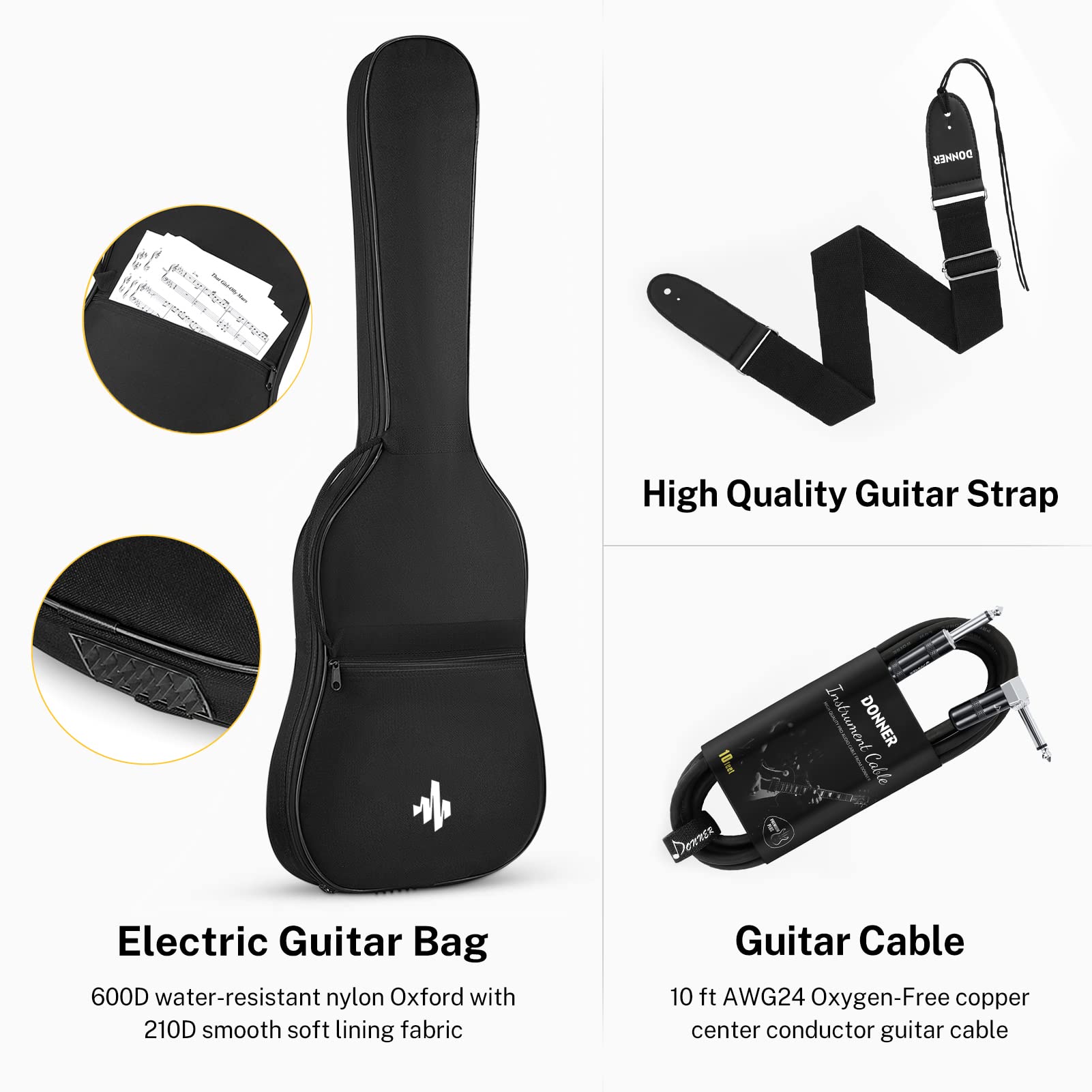 Donner DST-100R 39 Inch Electric Guitar Beginner Kit Solid Body Full Size Red HSS Pick Up for Starter & Donner Guitar Cable 10 ft 2 Pack