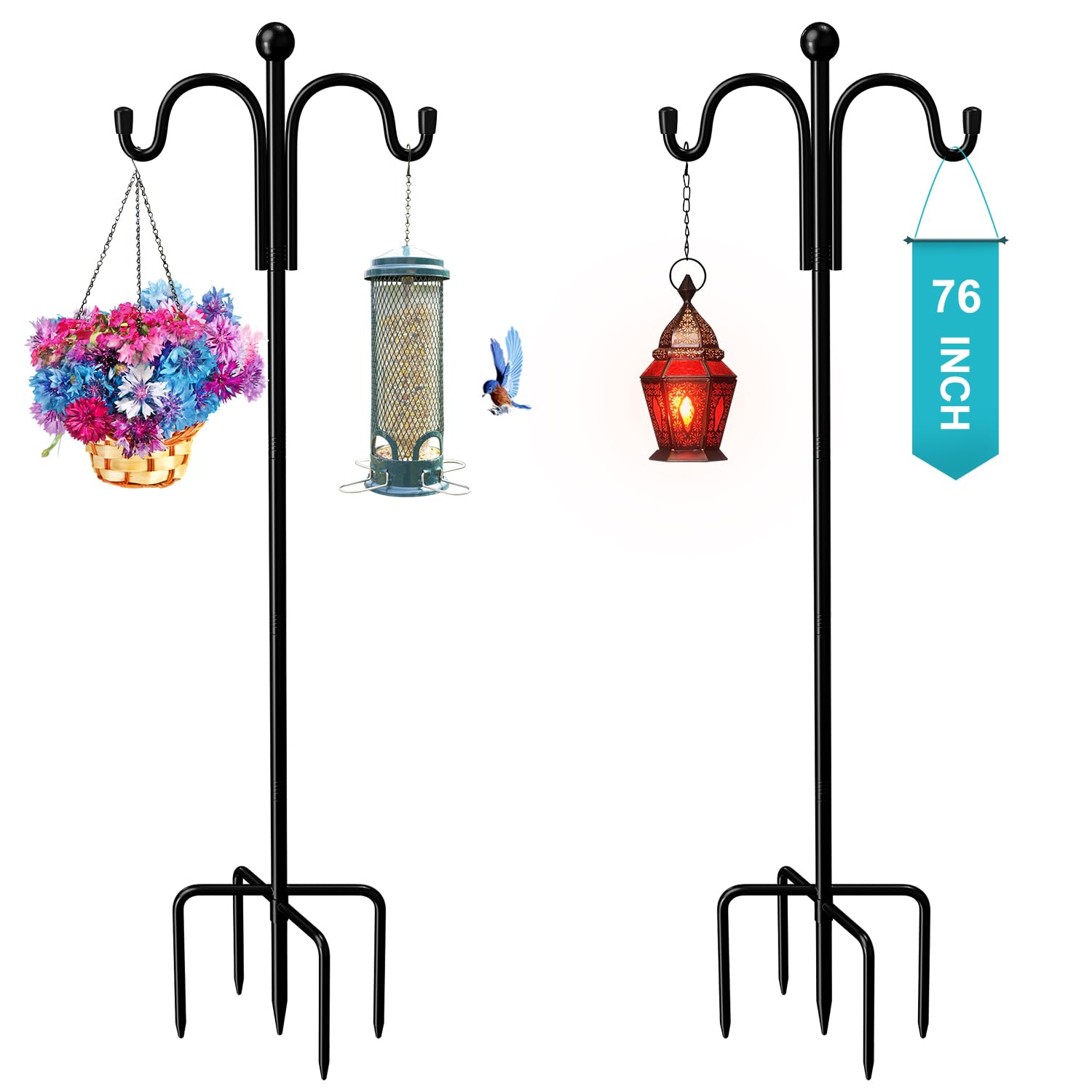 Keten Shepherds Hooks for Outdoor, Thickened Bird Feeder Poles with 5 Prongs for Hanging Plant Baskets, Lanterns, Wedding Decor (2 Pack,76inch)