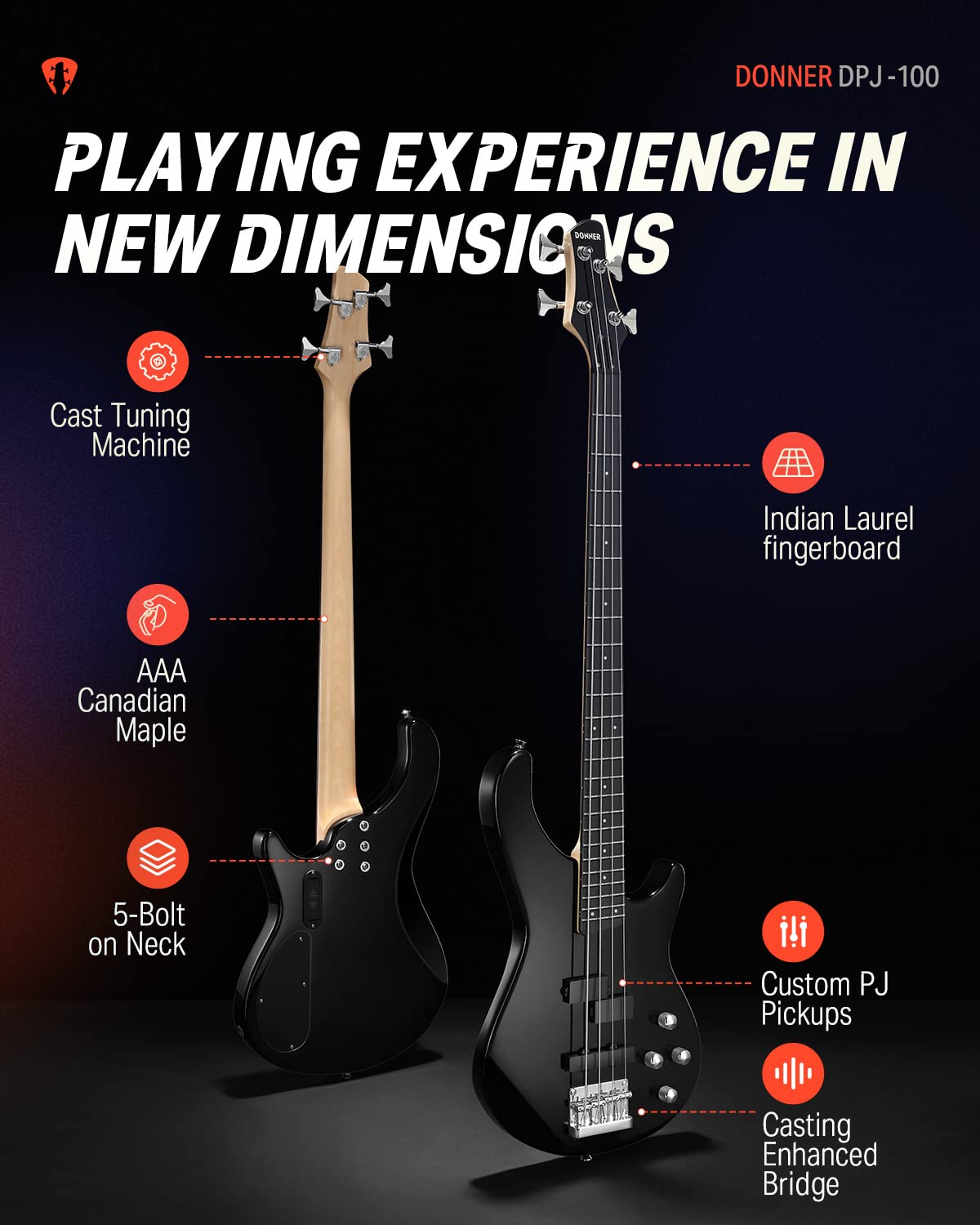 Donner Full-Size Electric Bass Guitar PJ-Style with Bass Amp 25W Bass Guitar Amplifier DBA-2