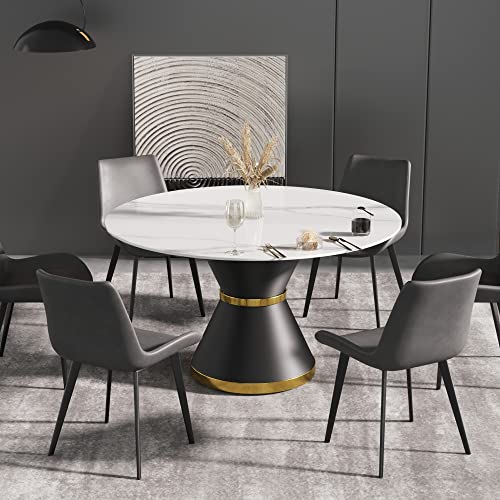 Round Dining Table, White Sintered Stone Tabletop with Solid Carbon Steel Base, Mid Century Modern Dining Table for Kitchen Dining Room, 53 inch (Table Only)