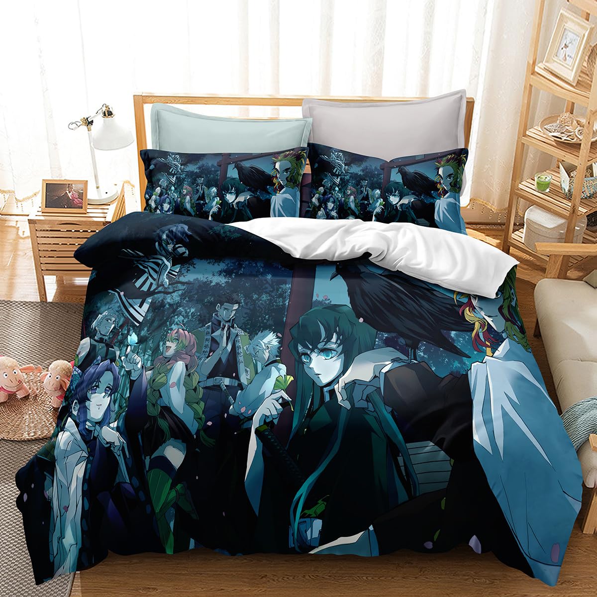 LJHWUY Fluffy Comforter Anime Demon Slayer Soft Covers Set Decor Bedding Set 100% Polyester Duvet Cover Quilt Covers for Boys, Queen