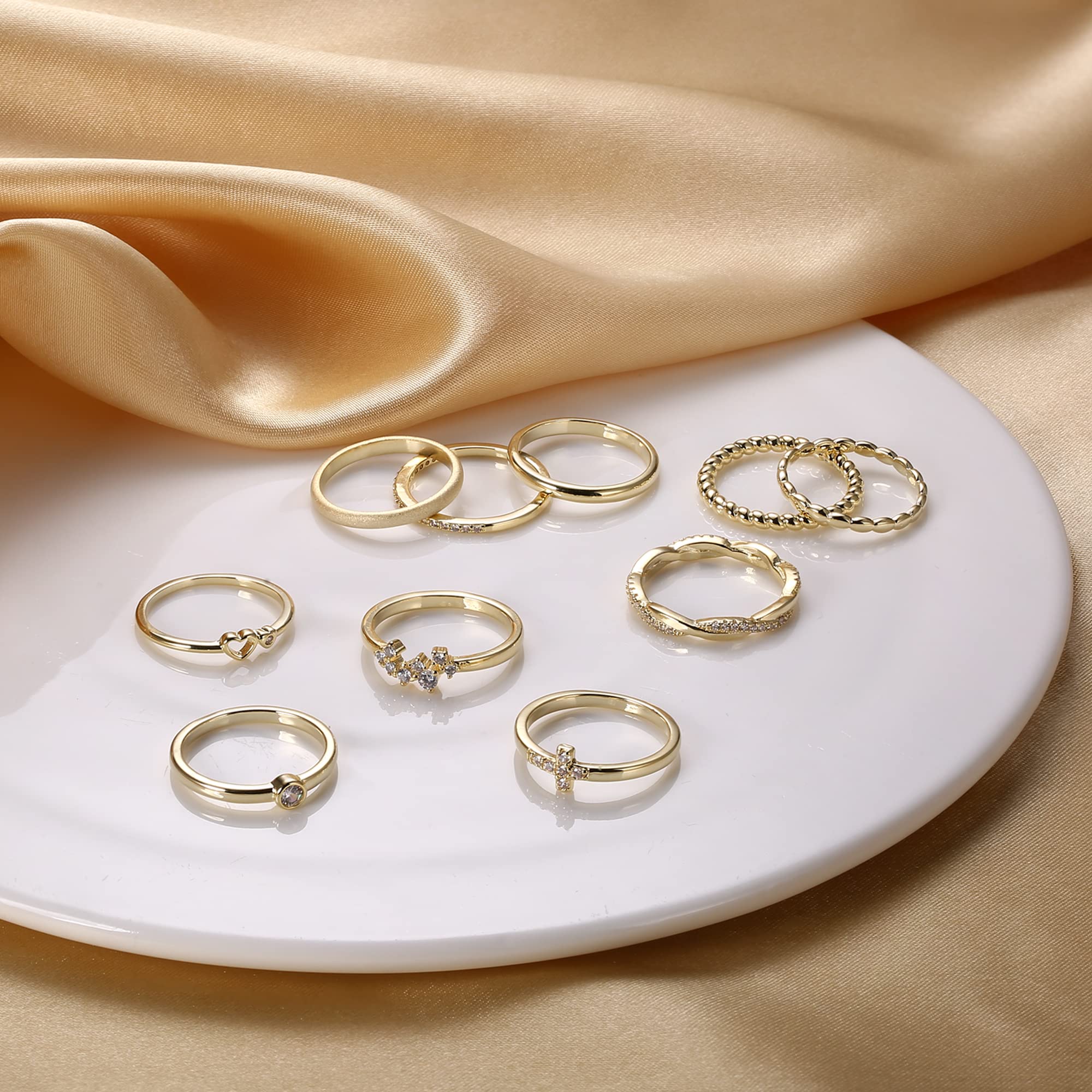 FIBO STEEL 10 Pcs 14K Gold Plated Stacking Rings Set for Women Dainty Minimalist Stackable Knuckle Rings CZ Flower Twist Cross Plain Band Ring Size 7