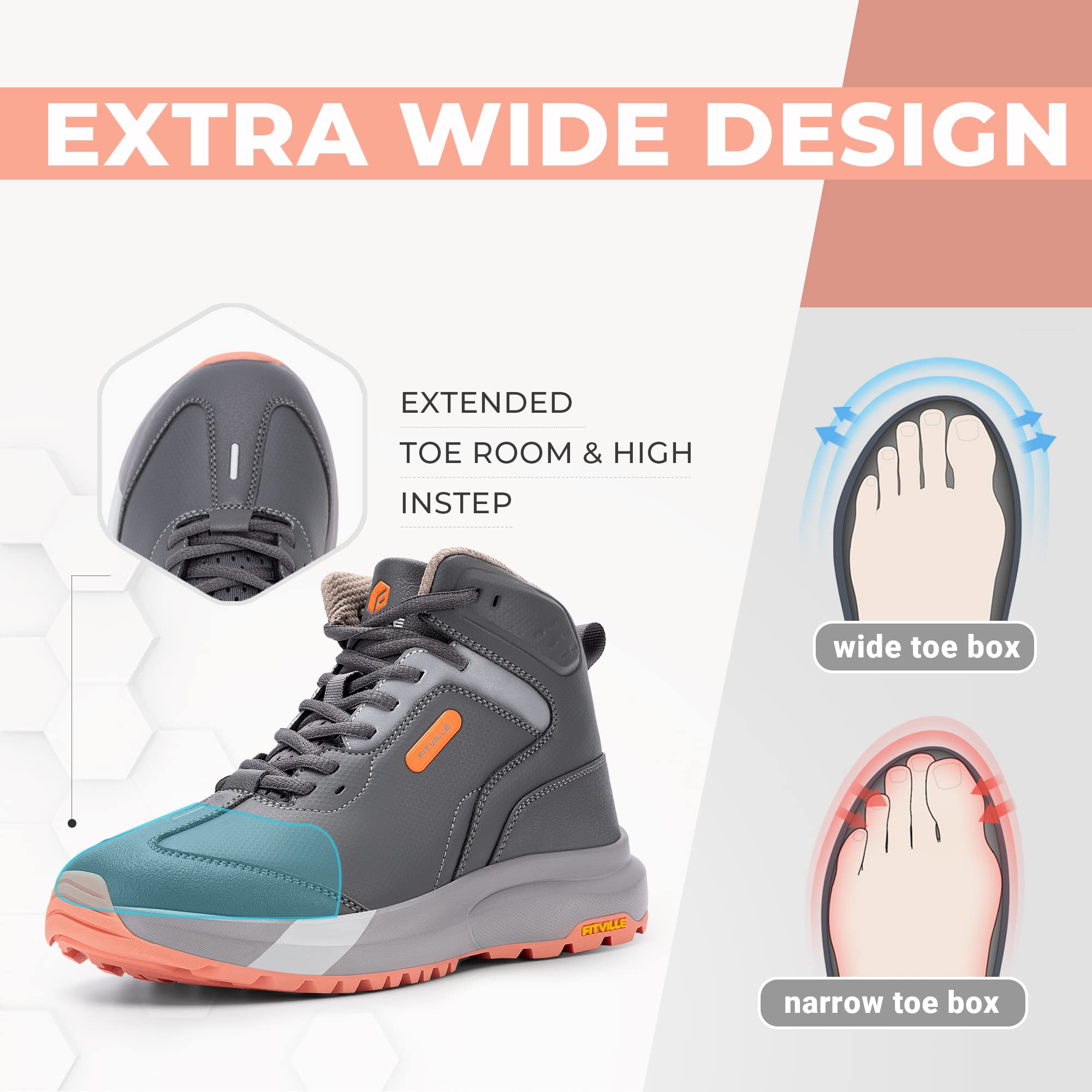 FitVille Extra Wide Womens Hiking Boots High Top Outdoor Waterproof Trekking Work Boots Soft Toe with Arch Support-Rugged Core(Grey, 9 X-Wide)
