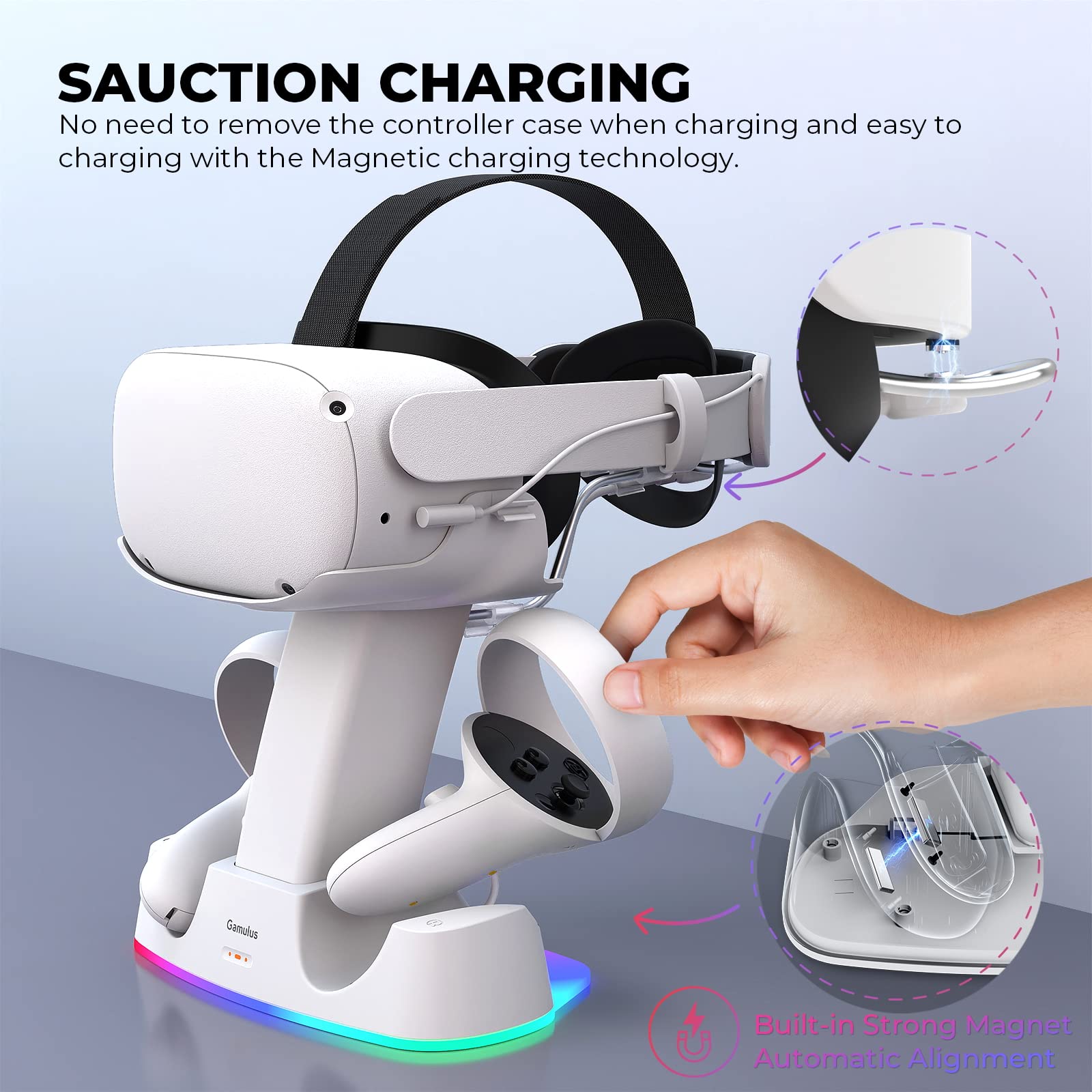 Gamulus RGB Charging Dock for Meta Quest 2, VR Headset & Controllers Magnetic Fast Charger Docking Station Stand, 2200mAh Rechargeable Batteries, 7 Lighting Modes and Fantastic Gaming Atmosphere