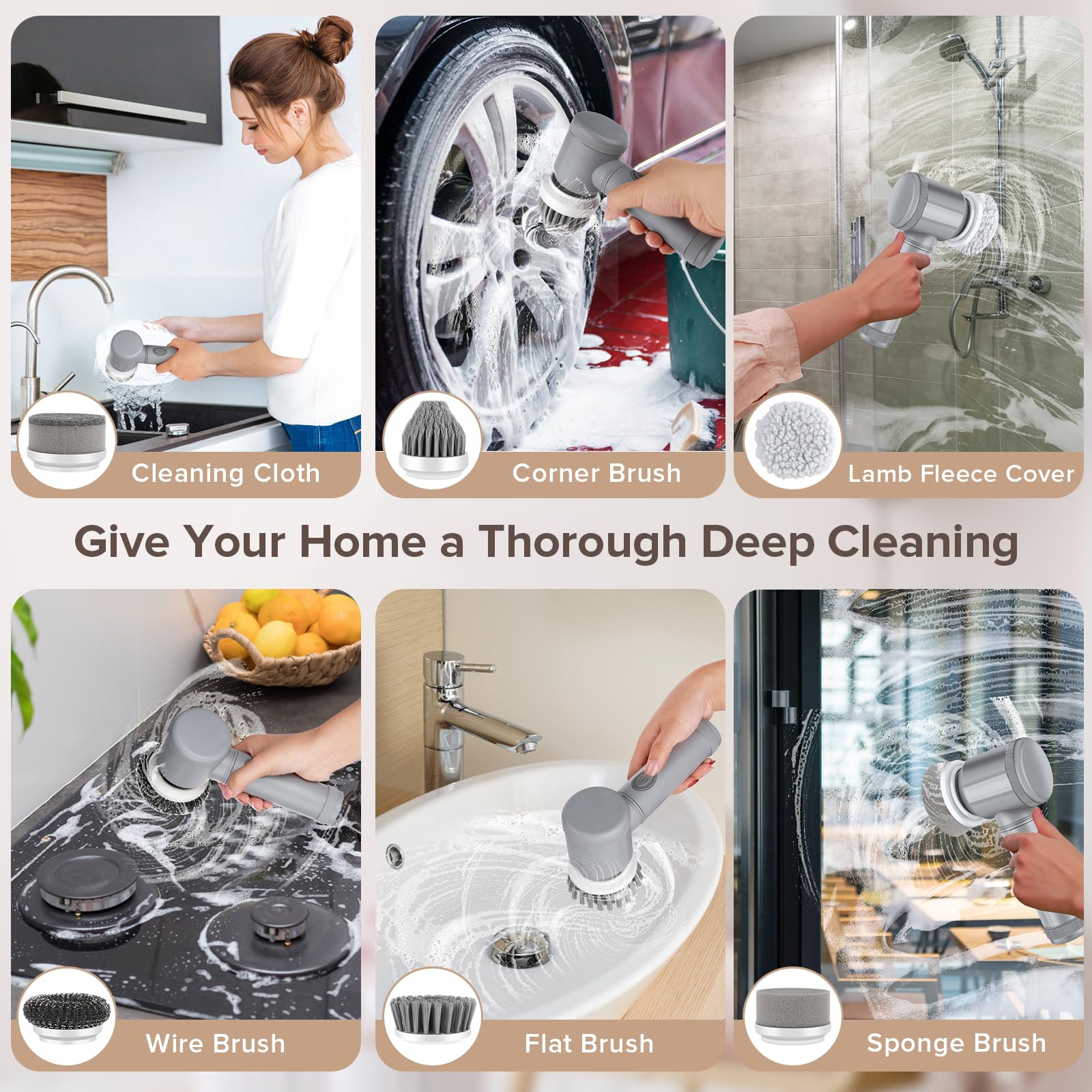 LEKISHE Electric Cleanning Brush 2024 Electric Scrubber for Bathroom with 6 Replaceable Heads,Handheld Spin Scrubber,Effortlessly for Showers, Floors, Grout