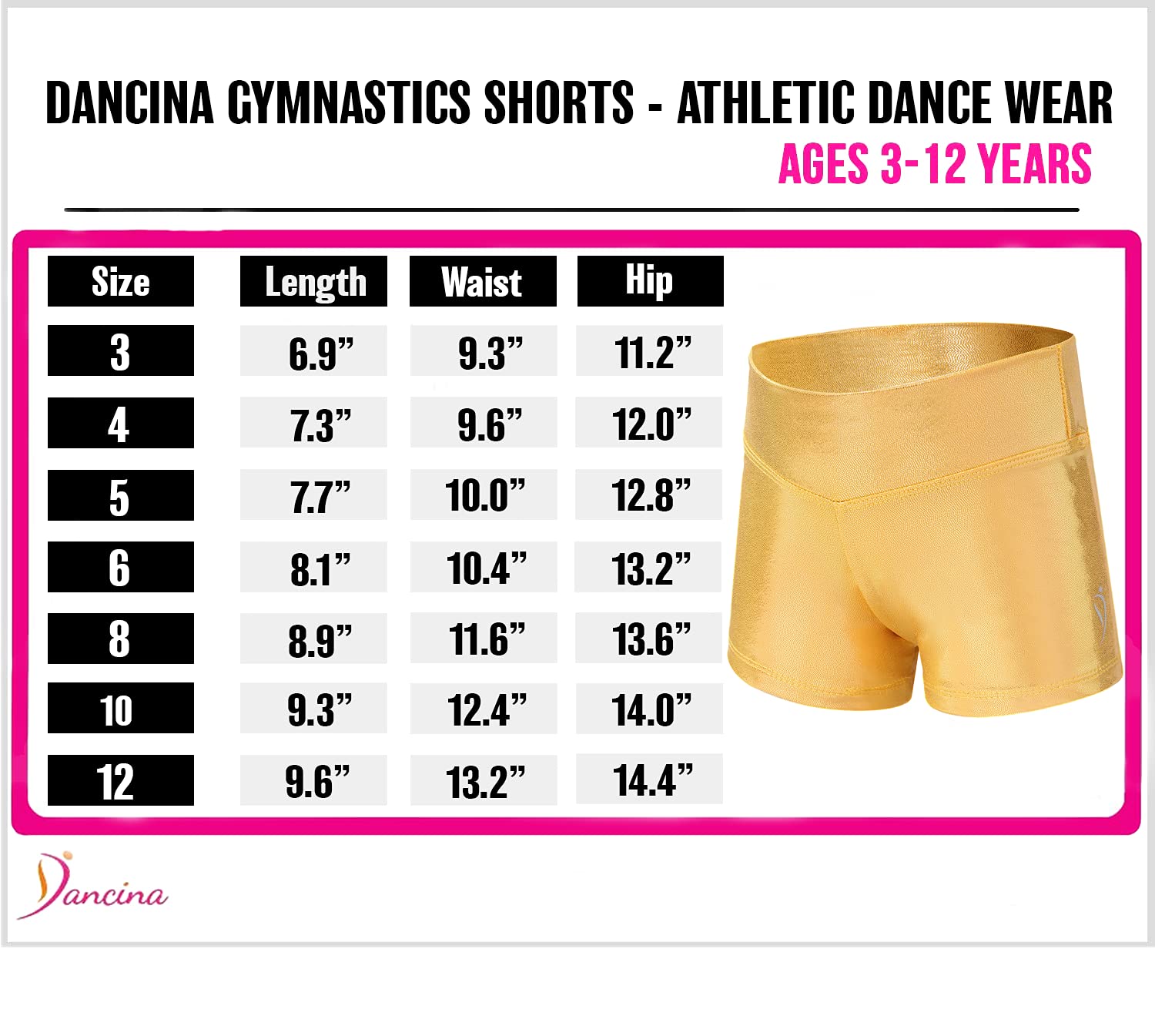 Dancina Girls Gymnastics Dance Shorts Dancewear 8 Pink Gold