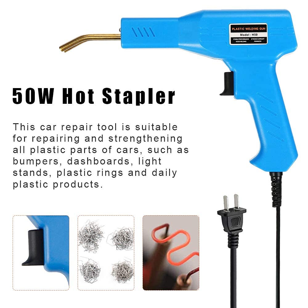 HPEVA 50W Plastic Welder,Hot Stapler Plastic Welding Machine,Handy Hot Staple Gun Car Bumper Repair Kit,Bodywork Fender Fairing Welding Systems Include 4 Types Hot Wave Flat Staples(Blue)