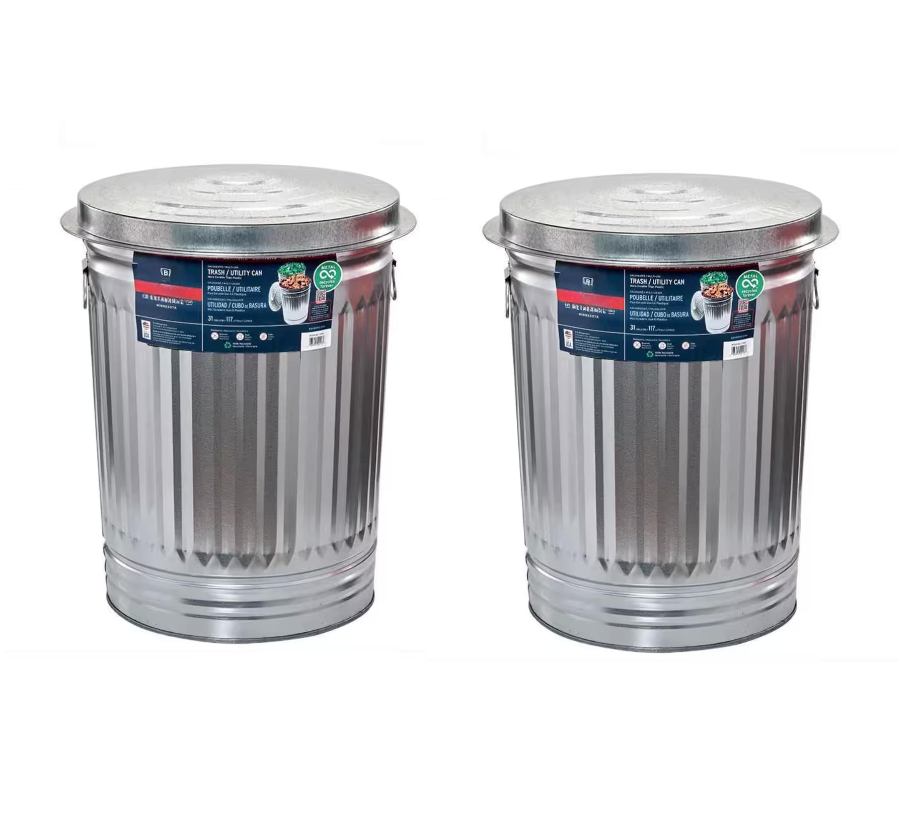 Generic 31-Gallon Galvanized Steel Trash Can - Galvanized Trash can with lid - Metal Trash can - Trash can with lid - Outdoor Garbage can with lid -Steel, Gray (Pack 2)