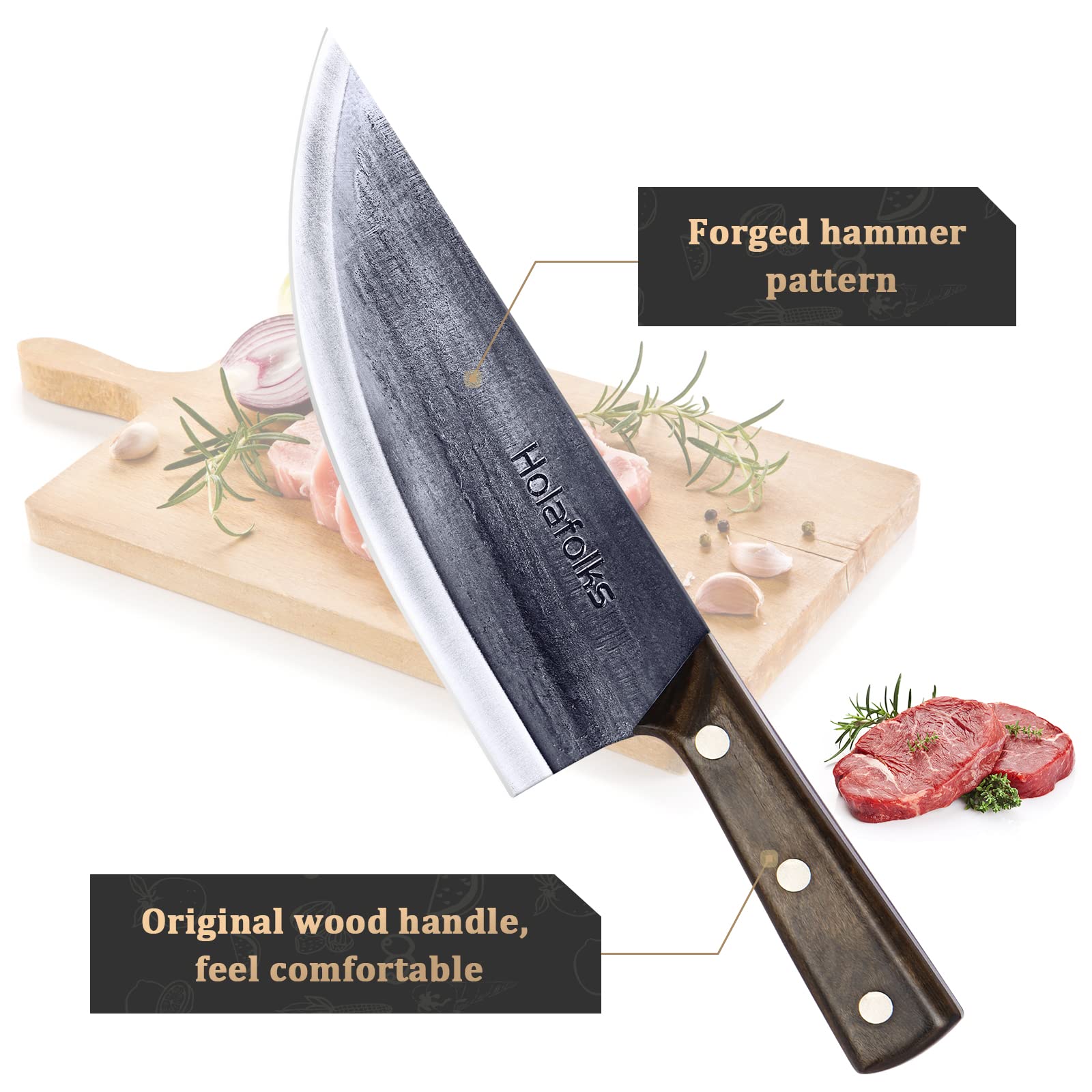 HolaFolks Chef Knife, Anti-Rust Oil Coating Dividing Knife Boning Knife Hand Forged High Carbon Steel Butcher Knife For BBQ Home Kitchen Restaurant Cooking Camping