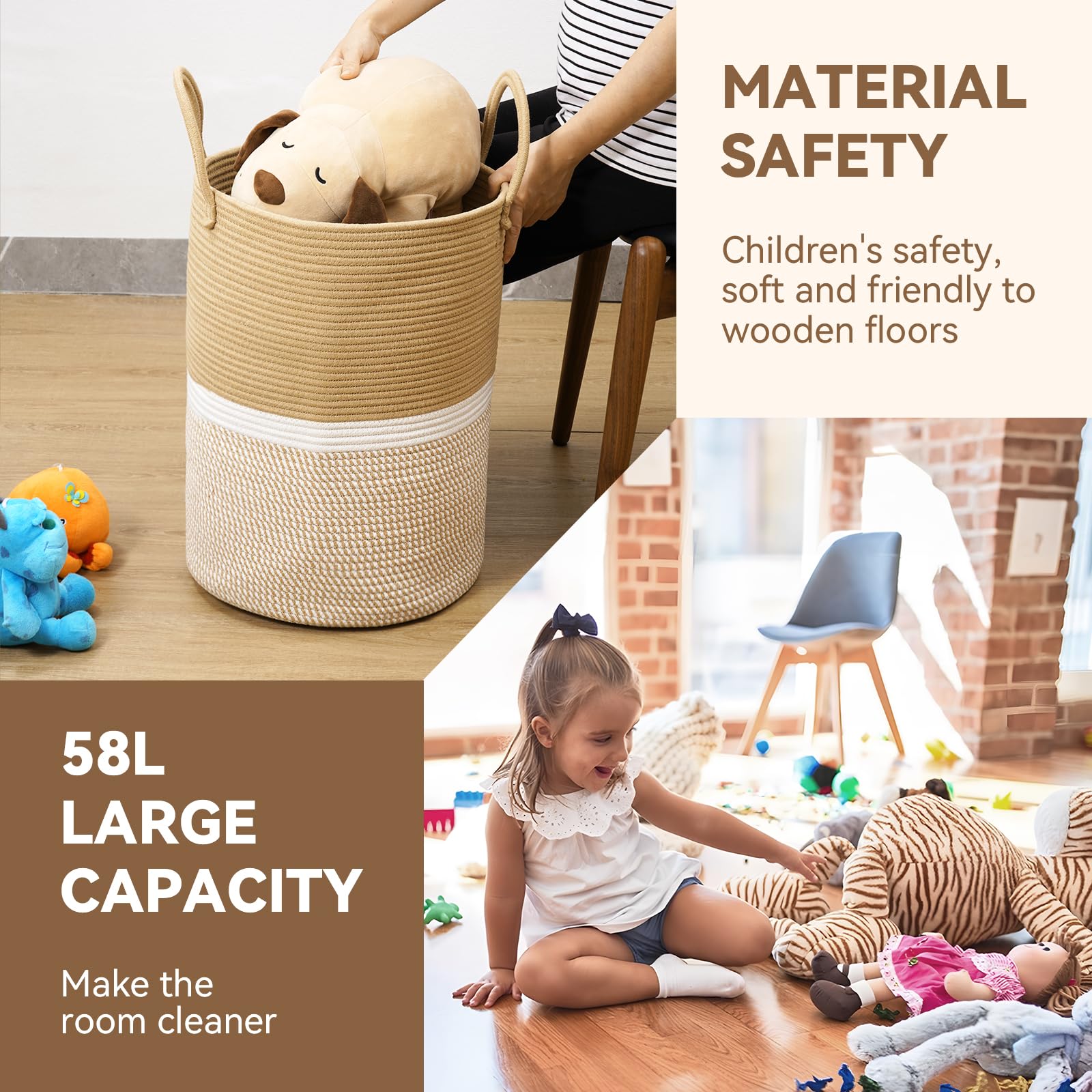 Laundry Storage Basket Large,Tall Rope Baskets for Storage,Cute Blanket Basket,Suitable for Living Room, Bedroom, Farmhouse,Can Be Decorative and Used to Store Toys