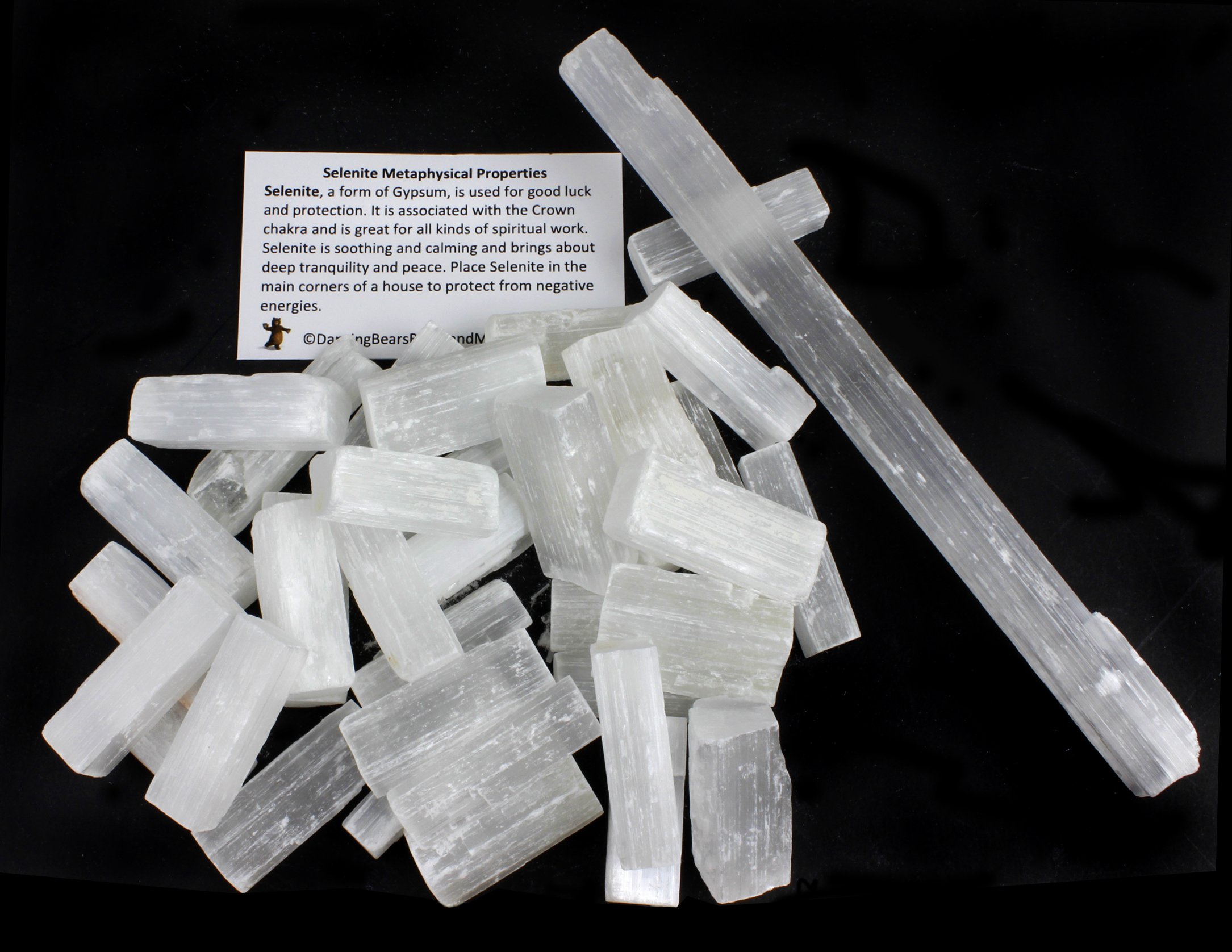 DANCING BEAR Selenite Sticks Wands Bulk (35-40 pcs) 1.5-2 inch L X .25-.5" W Each, Bonus: Free 6-8" Selenite Stick & ID Card, Reiki, Chakra, Healing, Protection Grids, Good Luck, Positive Energy