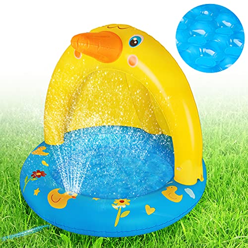 Inflatable Baby Pool with Canopy, Kiddie Splash Duck Pool with Sprinkler Outdoor Water Toys Summer Blow up Swimming Pool Outside Backyard Indoor Gift for Kid Toddlers Boy Girl Age 1-2 1-3 Year Old