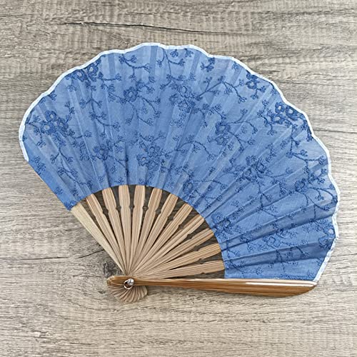 ERTUO Folding Fan Hand Fan lace Fan Retro Embroidery Folding Fan Blue