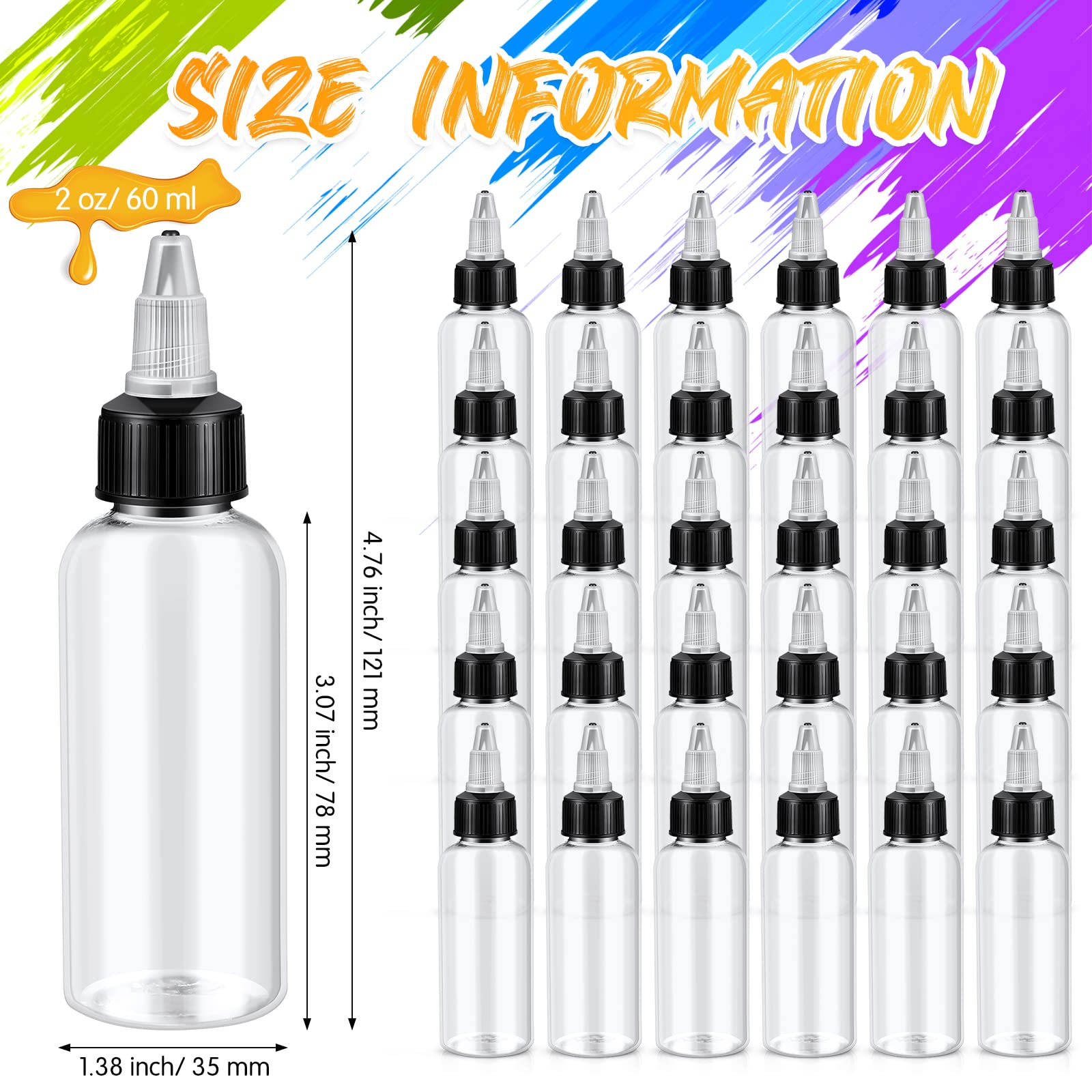 Gandeer 96 Pieces 2 oz Clear Dispensing Bottles Plastic Bottles with Twist Caps Twist Top Bottles Boston Round Bottles for Liquids Oils Inks Crafts Condiments(2 oz, 4.76 x 1.38 Inch)