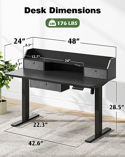 Shahoo Electric Double Layers Standing Desk with 3 Drawers, 48 x 24 Inches Height Adjustable Conner Table, Computer Workstation with Large Storage Shelves for Home Office, 48 Inch, Black