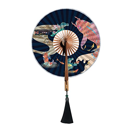 ERTUO Windmill fan Chinese style round fan hand-held folding fan bamboo round fan koi