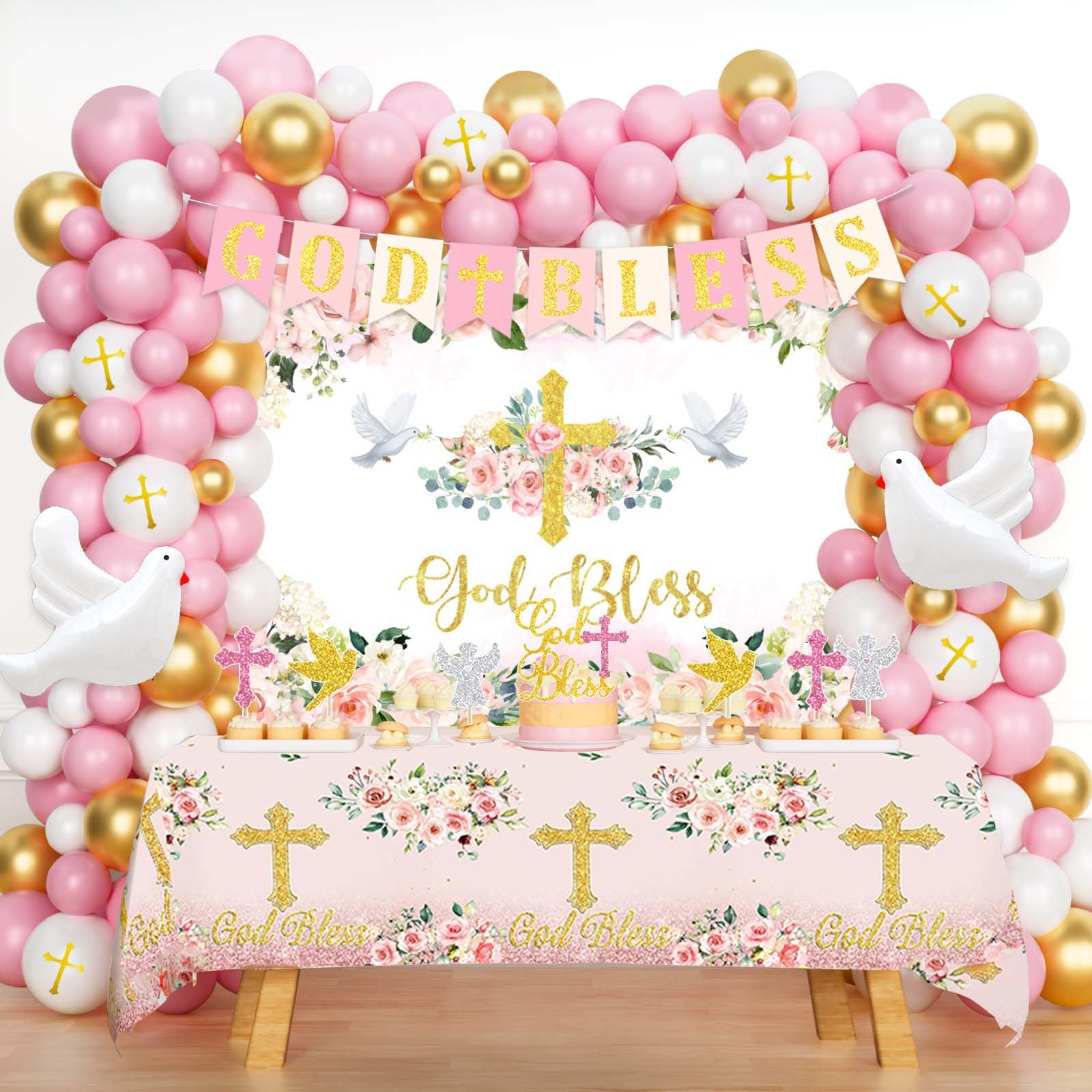 Hombae Baptism Decorations for Girls, Baptism Decorations, First Communion Christening Decorations Party Decorations for Baby Girl, Backdrop Tablecloth Balloon Banner Cake Cupcake Topper 112 PCS