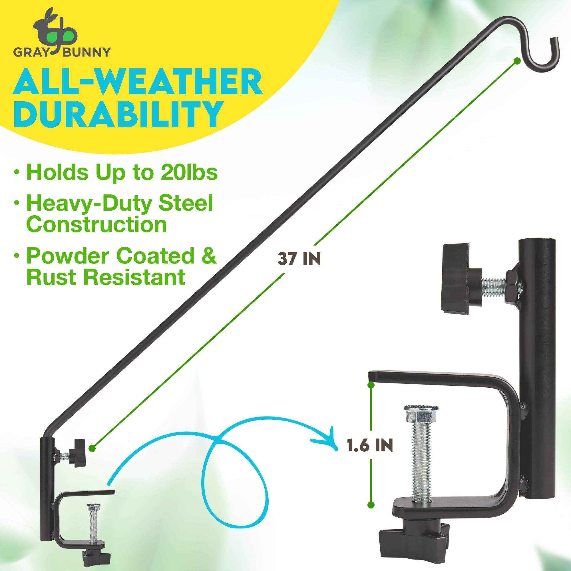 Gray Bunny Deck Hook, 37 Inch Bird Feeder Pole, Non-Slip Clamp Deck Bird Feeder Hanger for railing for Bird Feeders, Planters, Suet Baskets, Lanterns, Wind Chimes and More