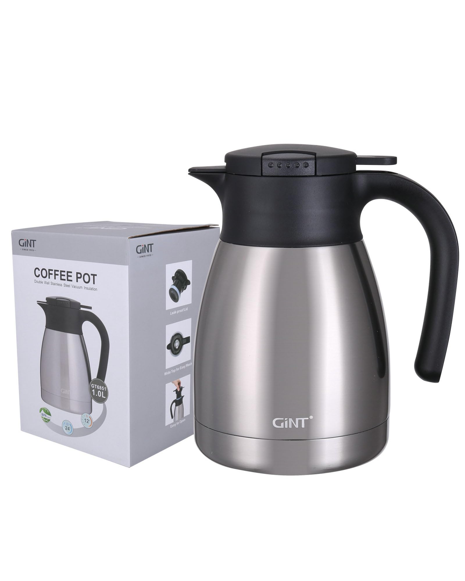 GiNT 34Oz Thermal Coffee Carafe, Insulated Stainless Steel Coffee Carafes for Keeping Hot/Double Walled Vacuum Coffee Carafe (Silver, 1L)
