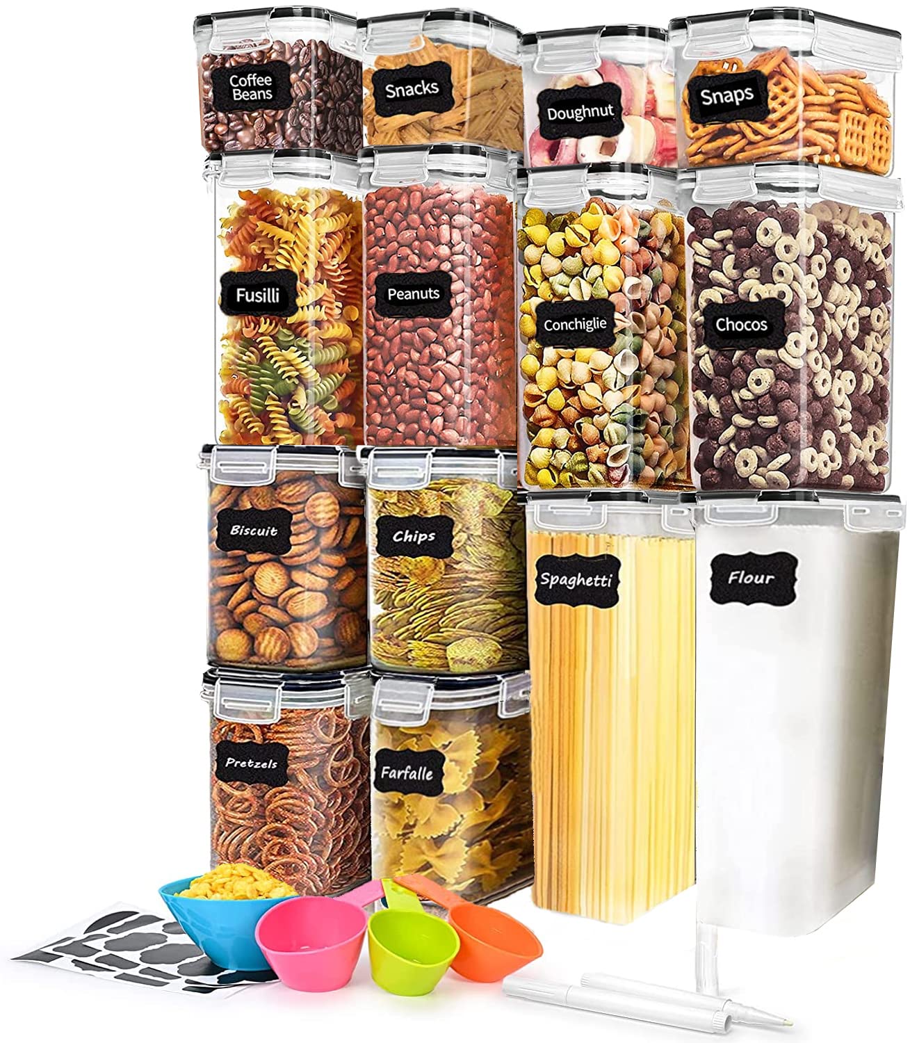 Eaietc Food Cereal Storage Containers Set 14 PCS(771.06 OZ) Airtight Food Storage Containers with Durable Lids Kitchen Pantry Organization Ideal for Cereal & Snacks -Labels & Spoon Set & Markers