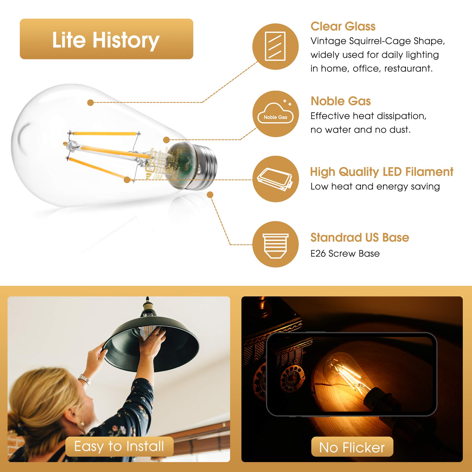 Edison Bulbs [4 Pack], DORESshop Edison Light Bulb, Incandescent Light Bulbs, ST64, E26 Bulb, Dimmable Lightbulbs with Amber Glass, Warm White 2700K Edison Bulb for Wall Sconces, Home Lighting Fixture