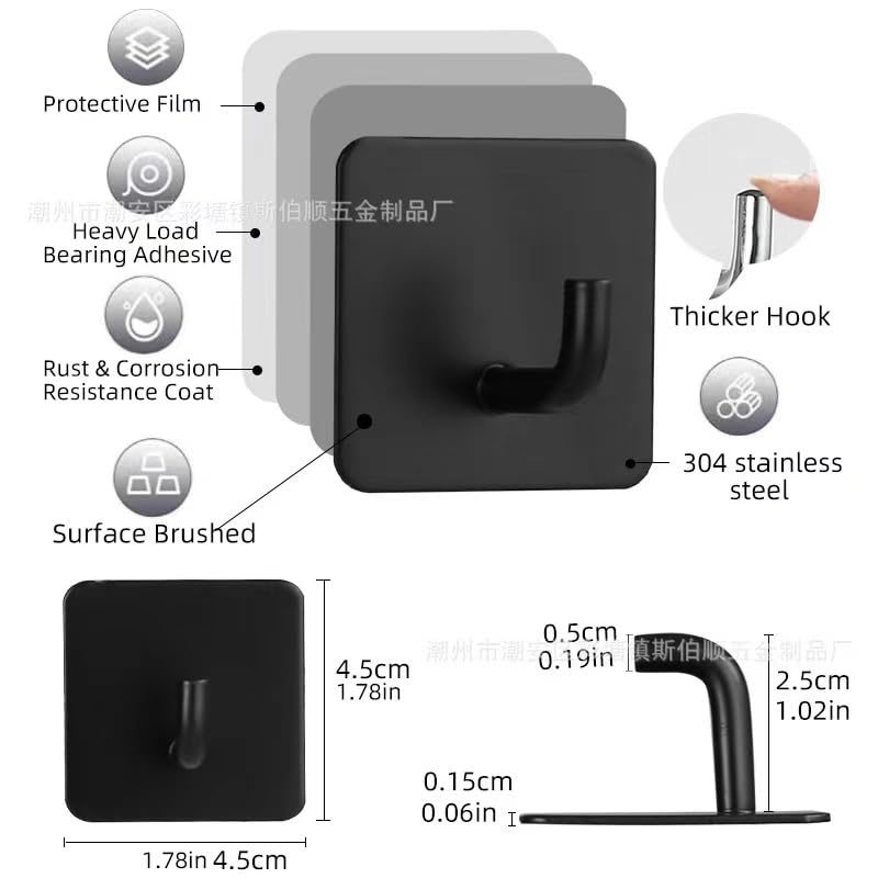 lesoe Heavy Duty Adhesive Hooks, Bathroom Hooks 4 Pack, SUS304 Stainless Steel Strong Strips Stick for Doors, Bathroom Kitchen Hanging Hats, Coats, Clothes, Wall Hangers Without Nail (4, Black-1)