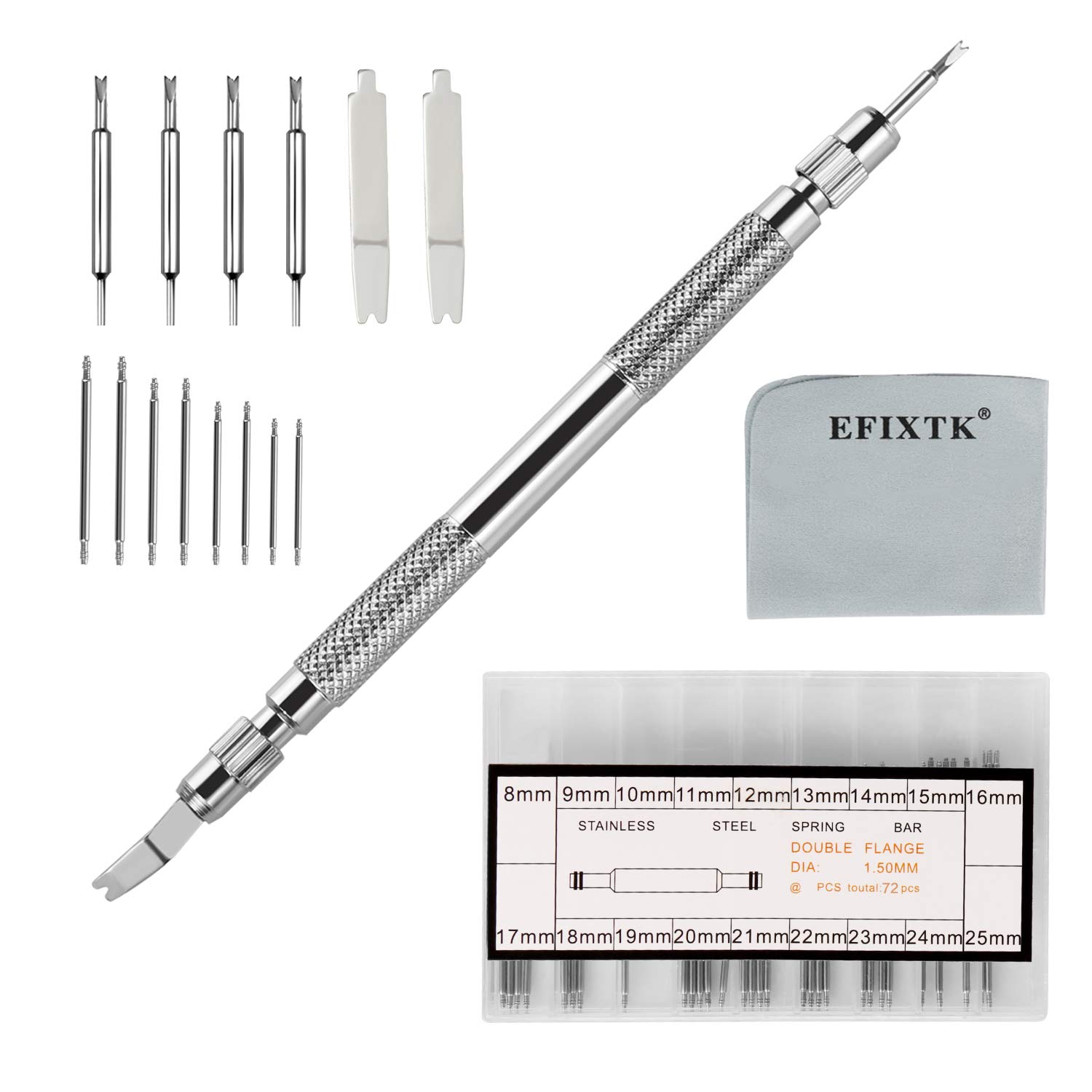EFIXTK Spring Bar Tool Set with Extra 6 Tips Pins for Watch Wrist Bands Strap Removal Repair Fix Kit,72PCS Extra Watch Pins