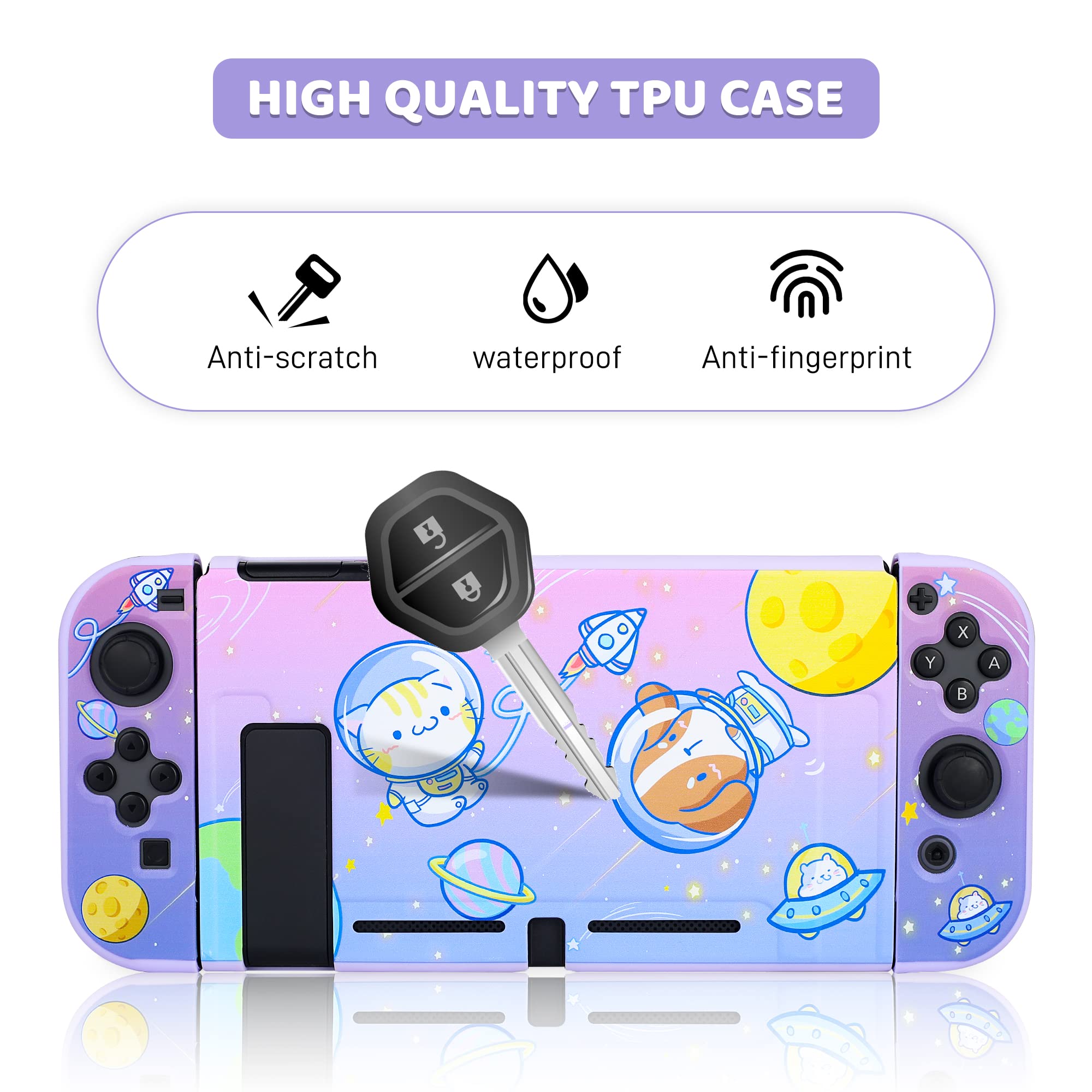 FANPL Purple Case for Nintendo Switch, Soft TPU Protective Case Compatible with Switch Console and Joy Con Controller, Cute Dockable Shell, Kawaii Switch Skin Accessories - Universe Cat & Dog Pattern