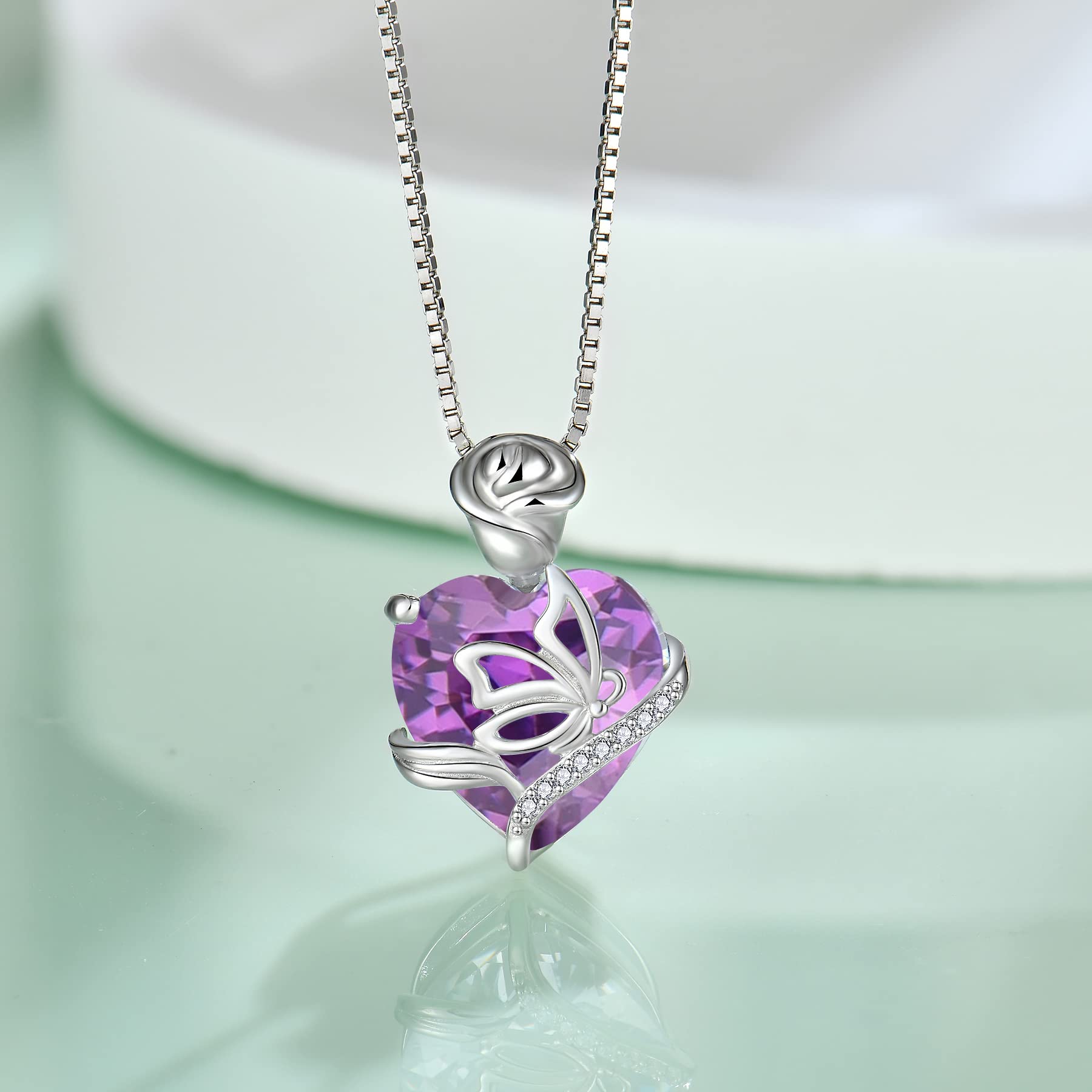 FJ Heart Rose Butterfly February Amethyst Birth Stone Sterling Silver Amulet Jewelry