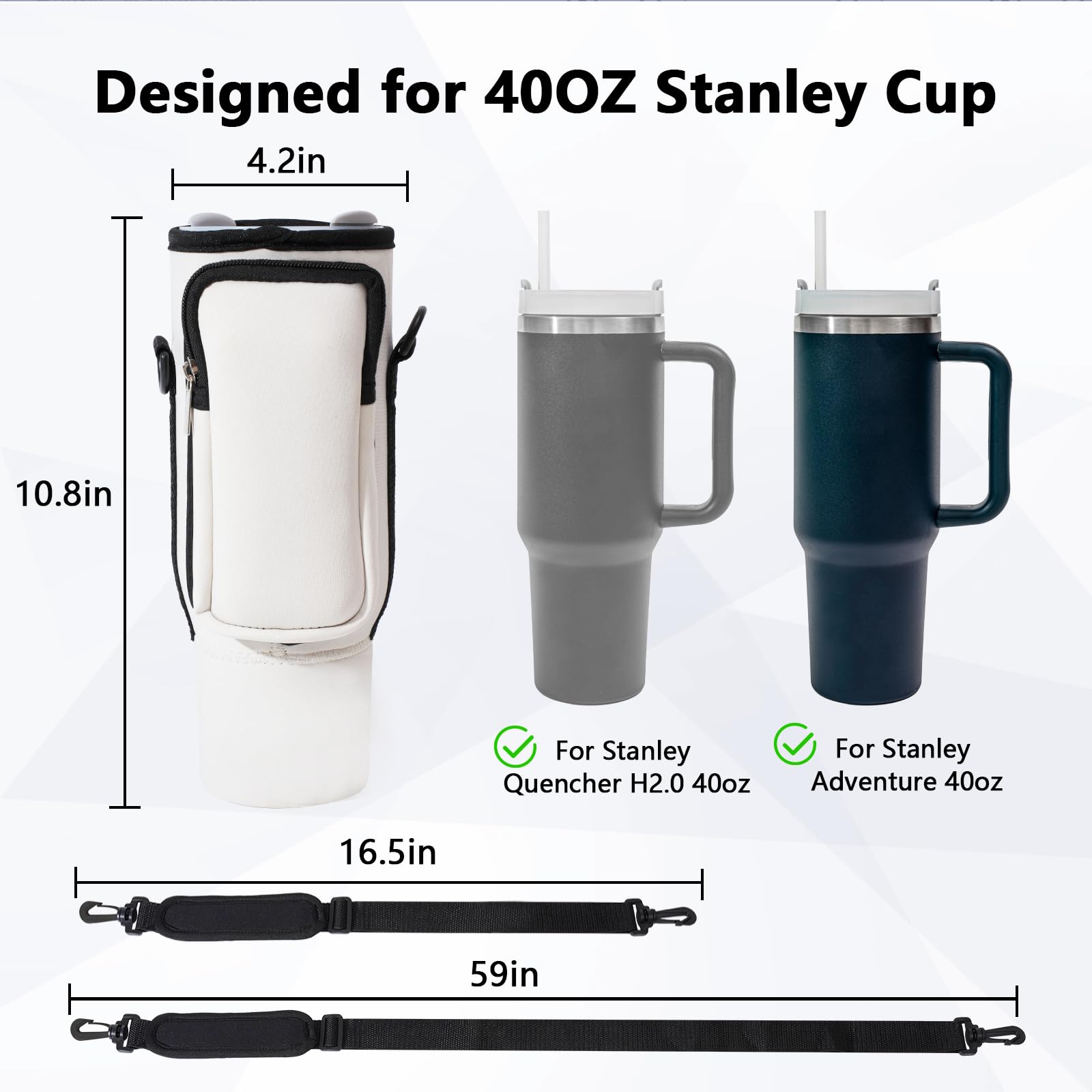 EFOBO Water Bottle Carrier Compatible with Stanley 40oz Tumbler with Handle, Bottle Holder with Adjustable Strap, Pocket and Straw Cover, Cup Accessories for Hiking Travelling Camping (Grey)