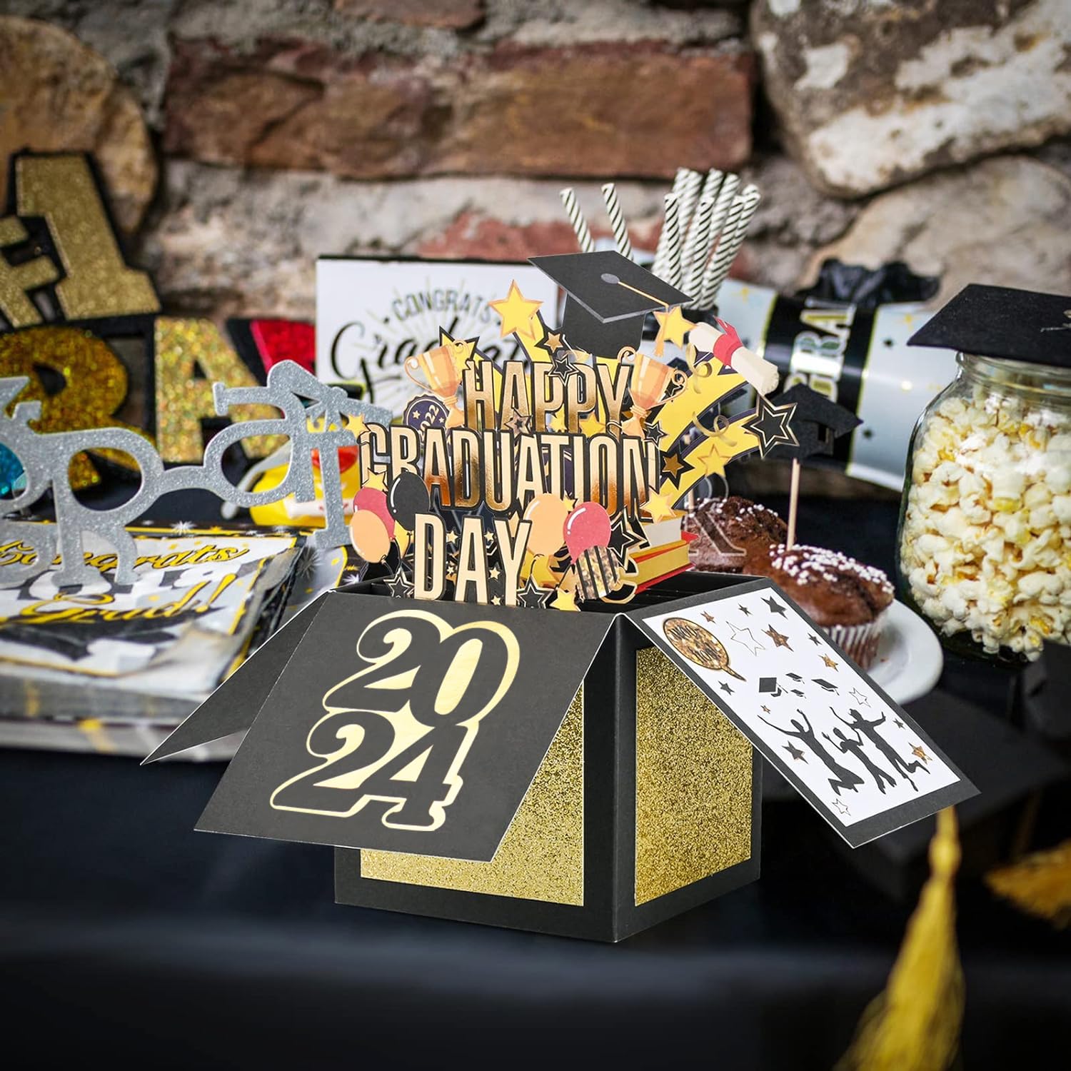 POPGIFTU 2024 Graduation Pop Up Card, Black Gold Pop Up Congrats Grad 2024 Greeting Card with Envelope, Congratulations Graduation Gifts for 2024 High School College University Graduates